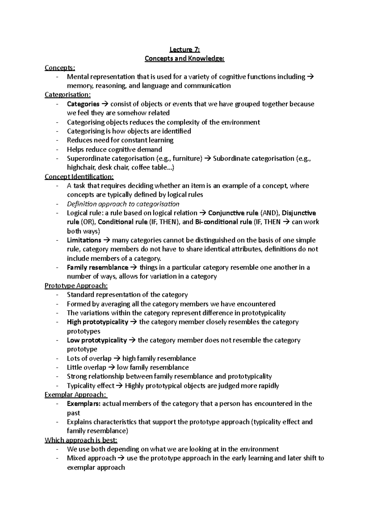 Lecture 7 - Lecture 7: Concepts and Knowledge: Concepts: Mental representation that is used for ...