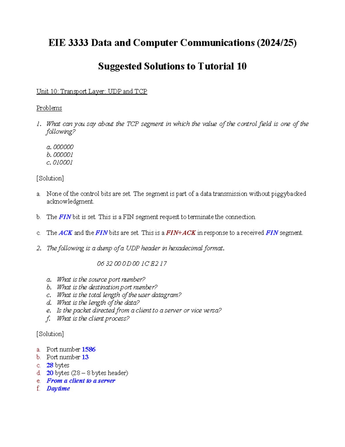 DCC2024-Tutorial 10-Solutions - EIE 3333 Data and Computer ...