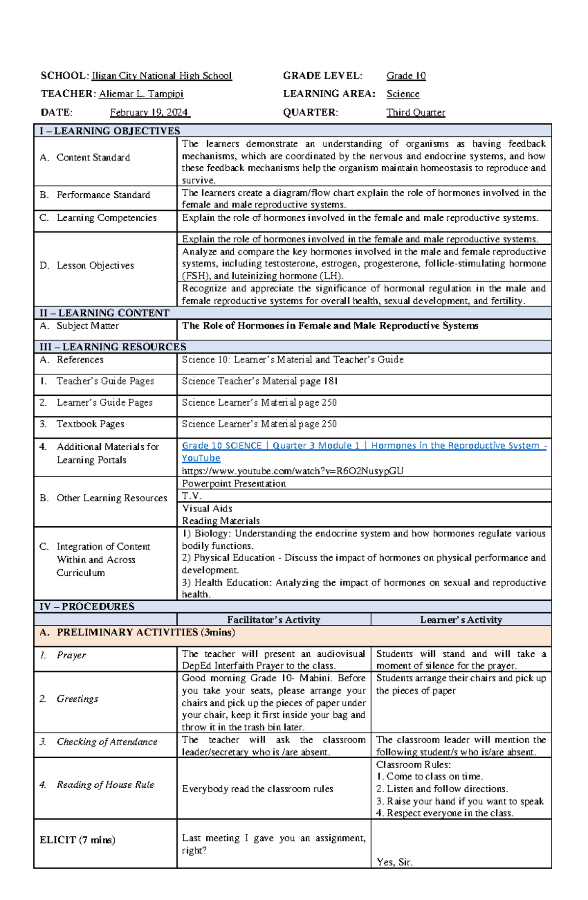 ROLE OF Hormones - Lesson Plan - SCHOOL: Iligan City National High ...