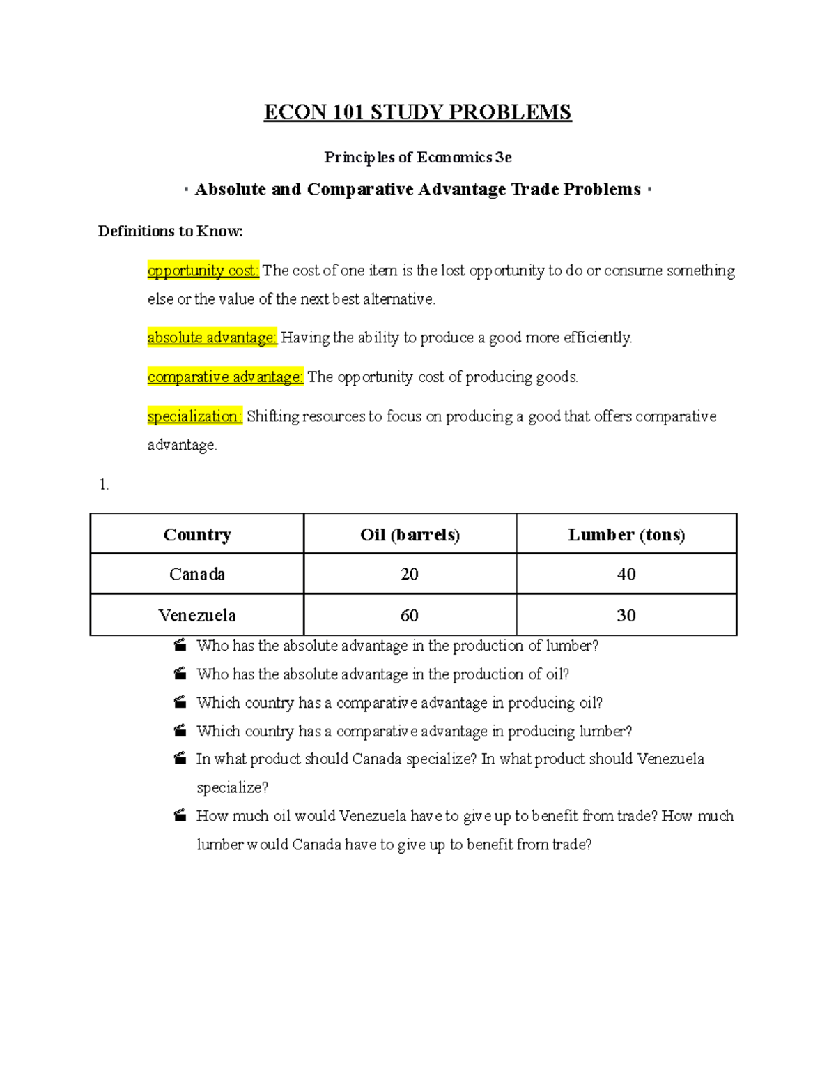 ECON 101 Study Problems - ECON 101 STUDY PROBLEMS Principles of ...