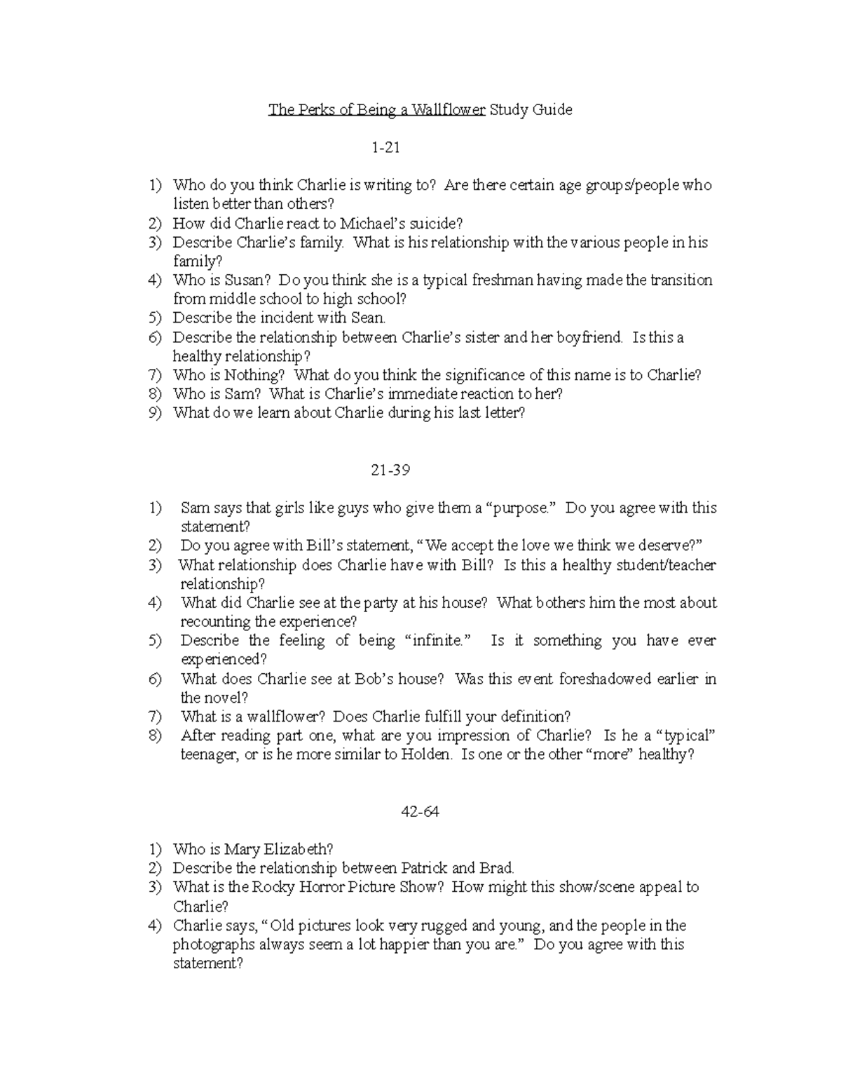 The perks of being a wallflower study guide - The Perks of Being a ...