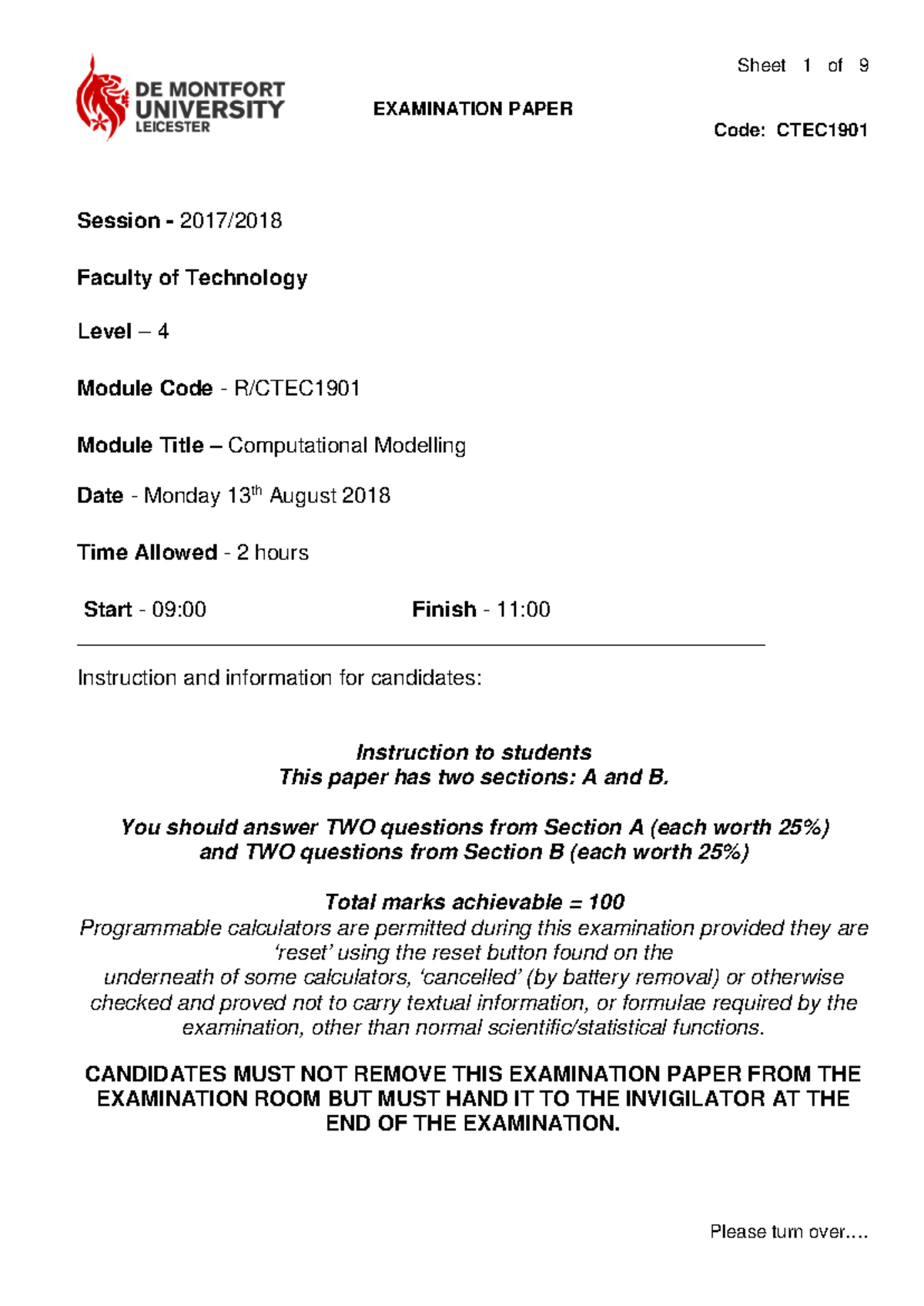 CTEC1901 2018 Resit Exam - Sheet 1 of 9 EXAMINATION PAPER Code: CTEC ...
