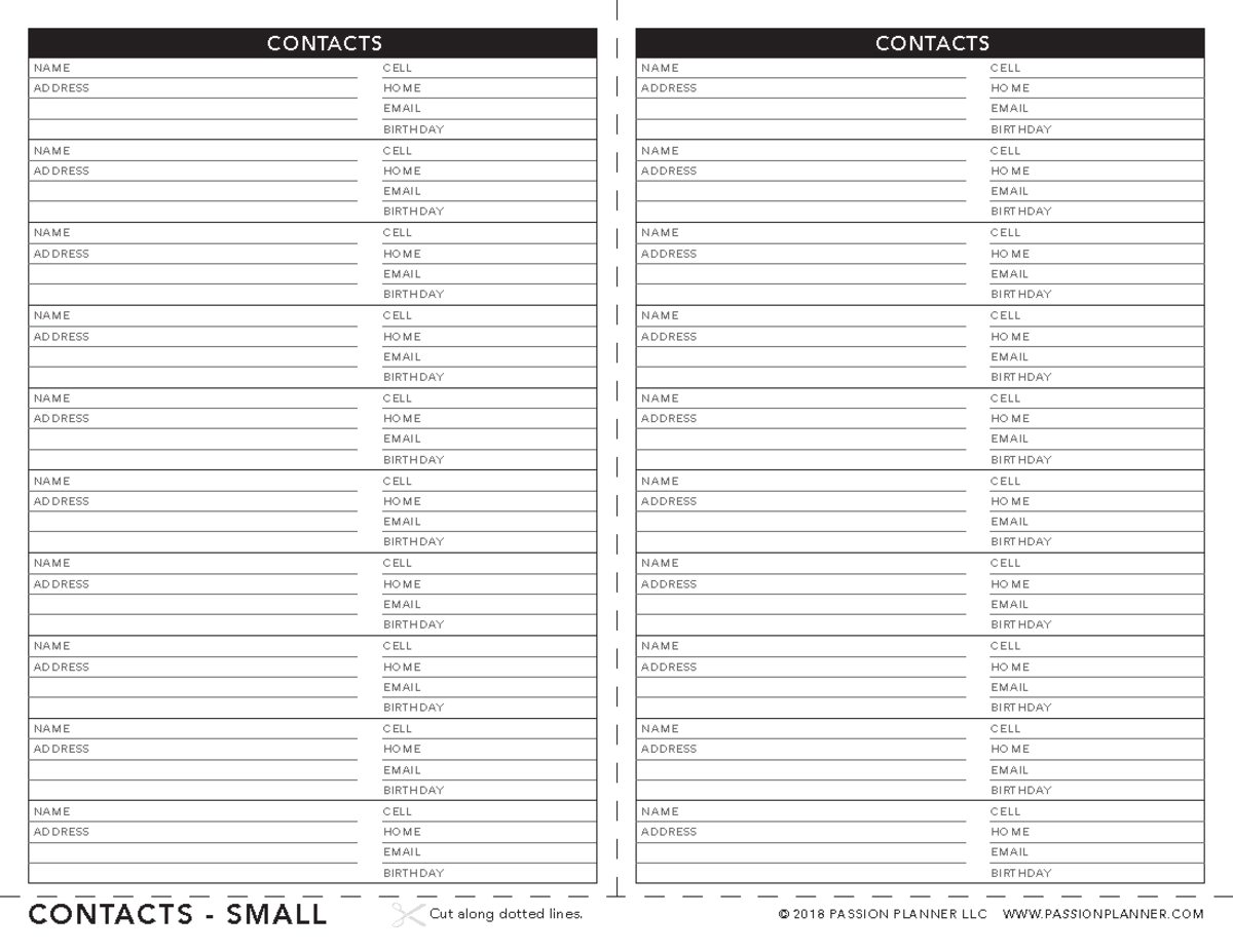 Contacts Small - CONTACTS - SMALL "Cut along dotted lines. © 2018 ...