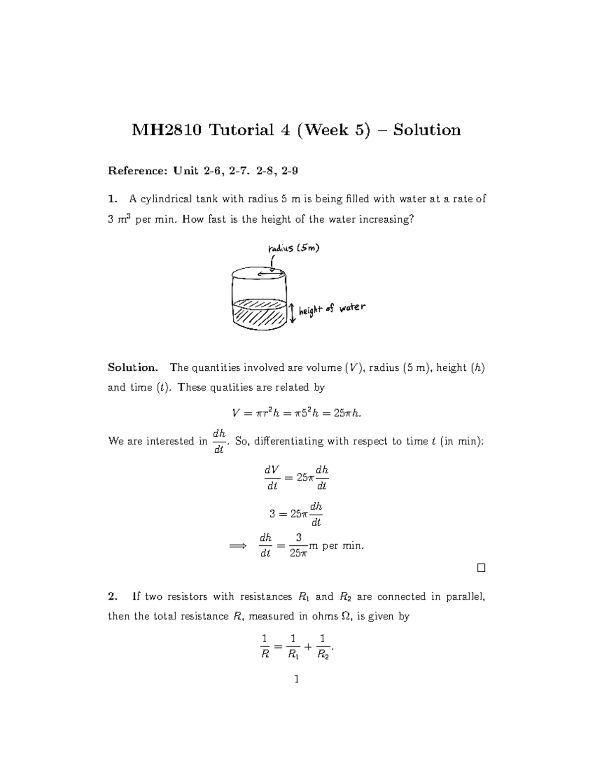 S4 - solution for tutorial 3 - MH2810 Tutorial 4 (Week 5) – Solution Reference: Unit 2-6, 2-7. 2 ...