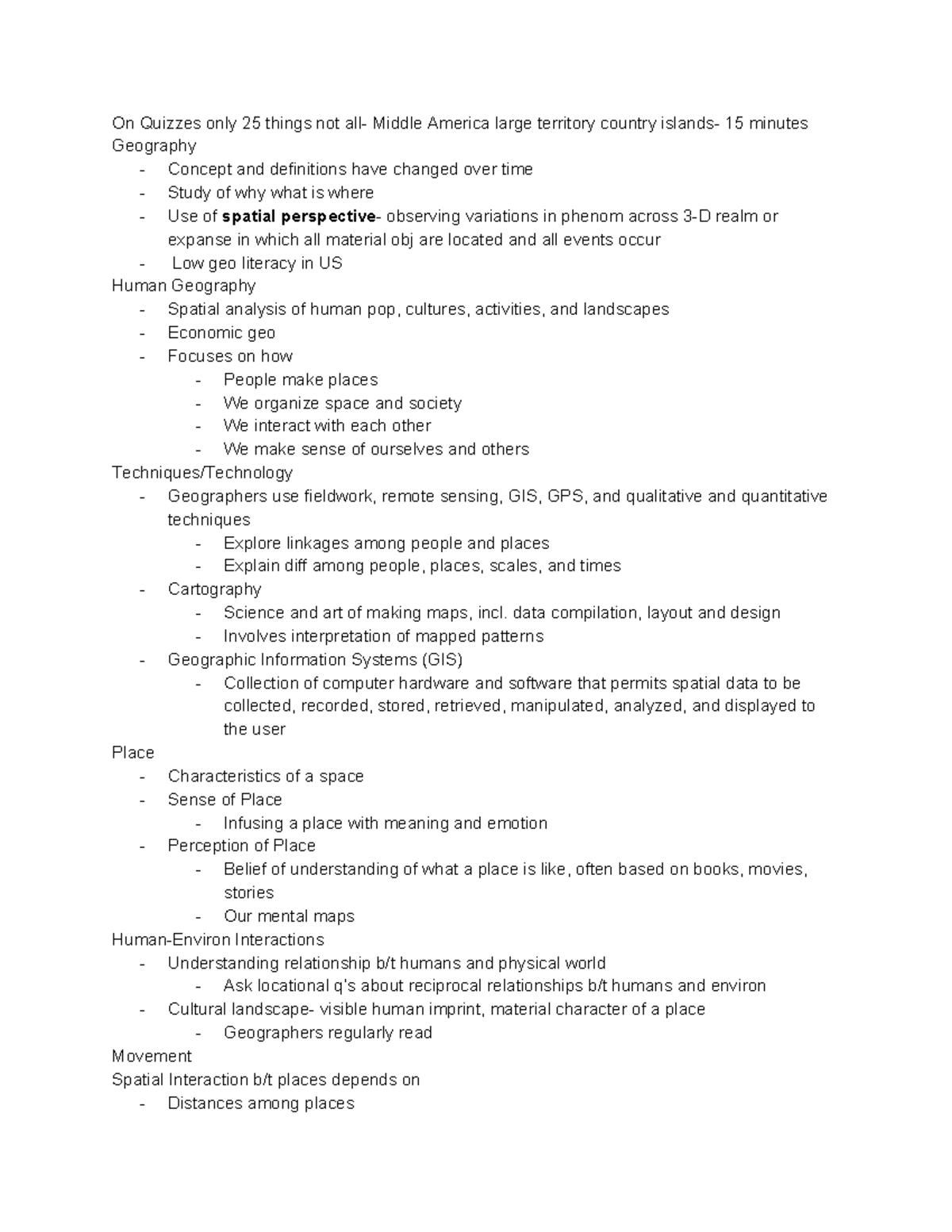 Intro to Human Geo Chap 1 - On Quizzes only 25 things not all- Middle ...
