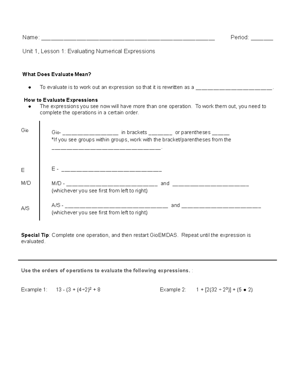 A Unit 1, Lesson 1 Notes Evaluating Numerical Expressions - Name: - Studocu