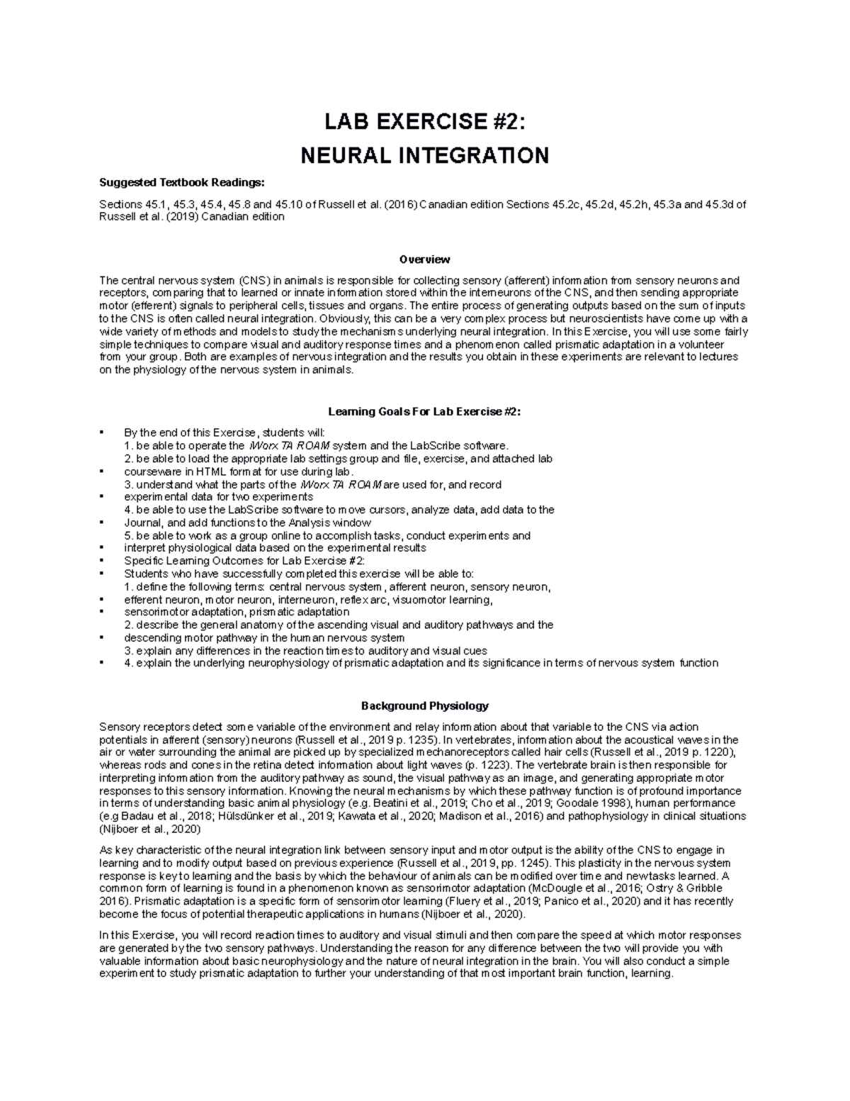 LAB Exercise 2 - Bio 224 lab #2 - LAB EXERCISE #2: NEURAL INTEGRATION Suggested Textbook ...
