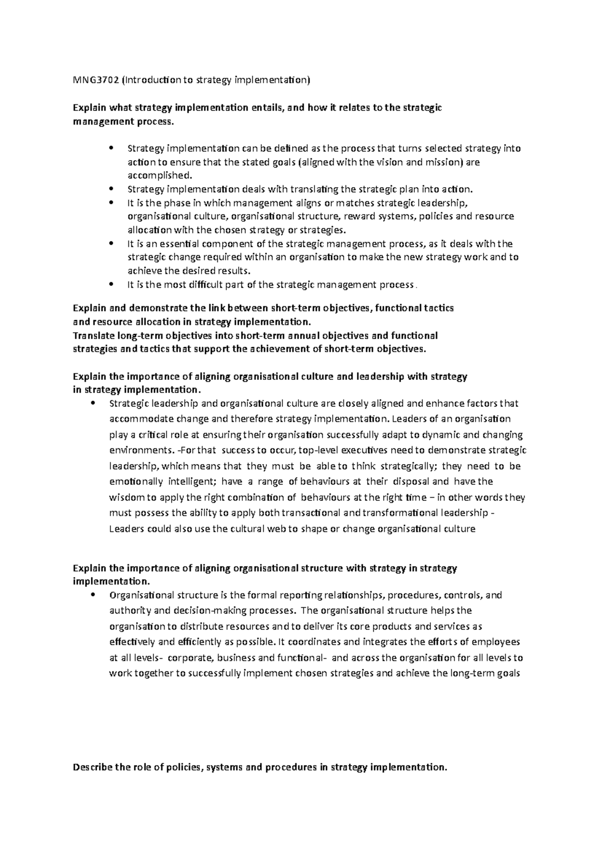 Questions MNG3702 Own - MNG3702 (Introduction to strategy ...