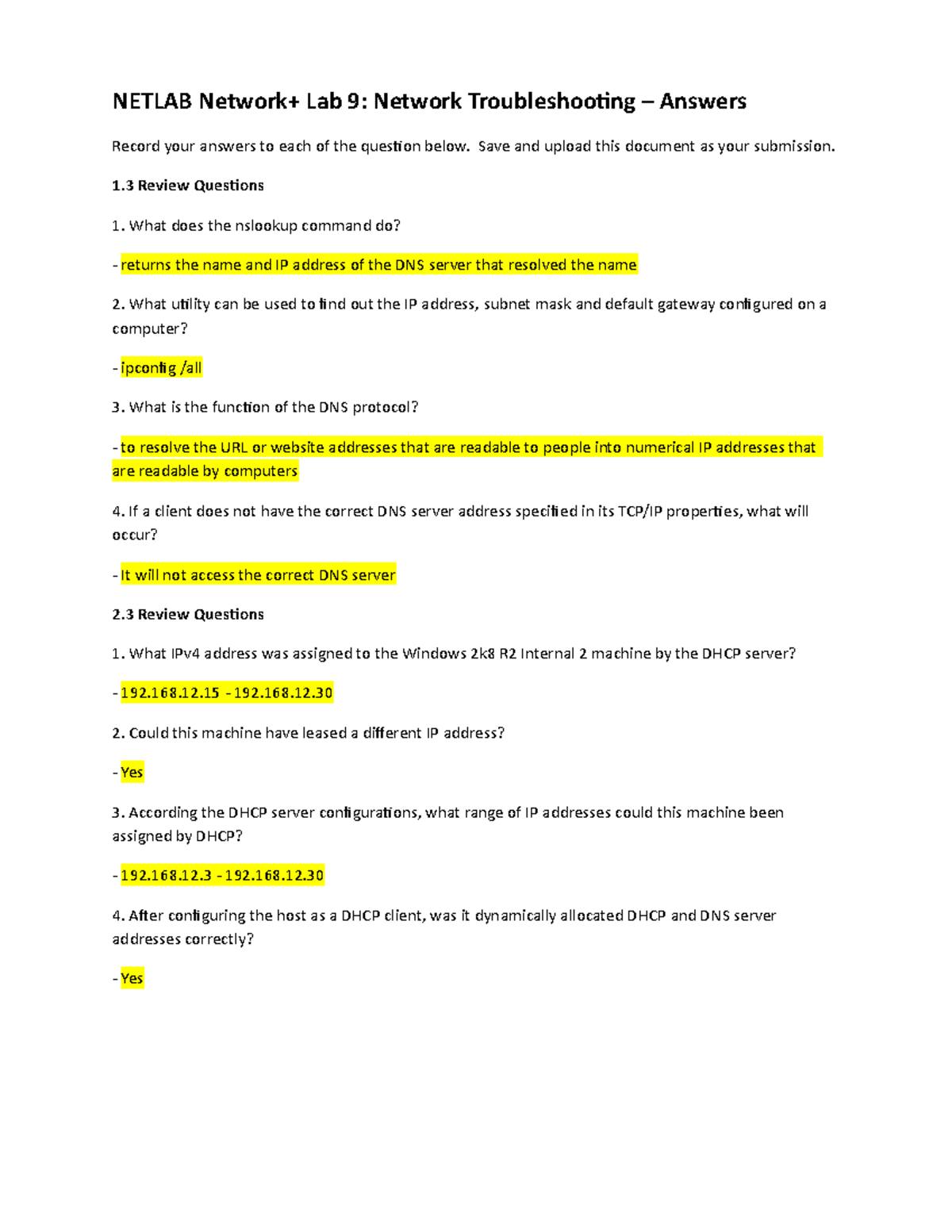 Network+ LAB 9 Answer Sheet - NETLAB Network+ Lab 9: Network Troubleshooting – Answers Record ...