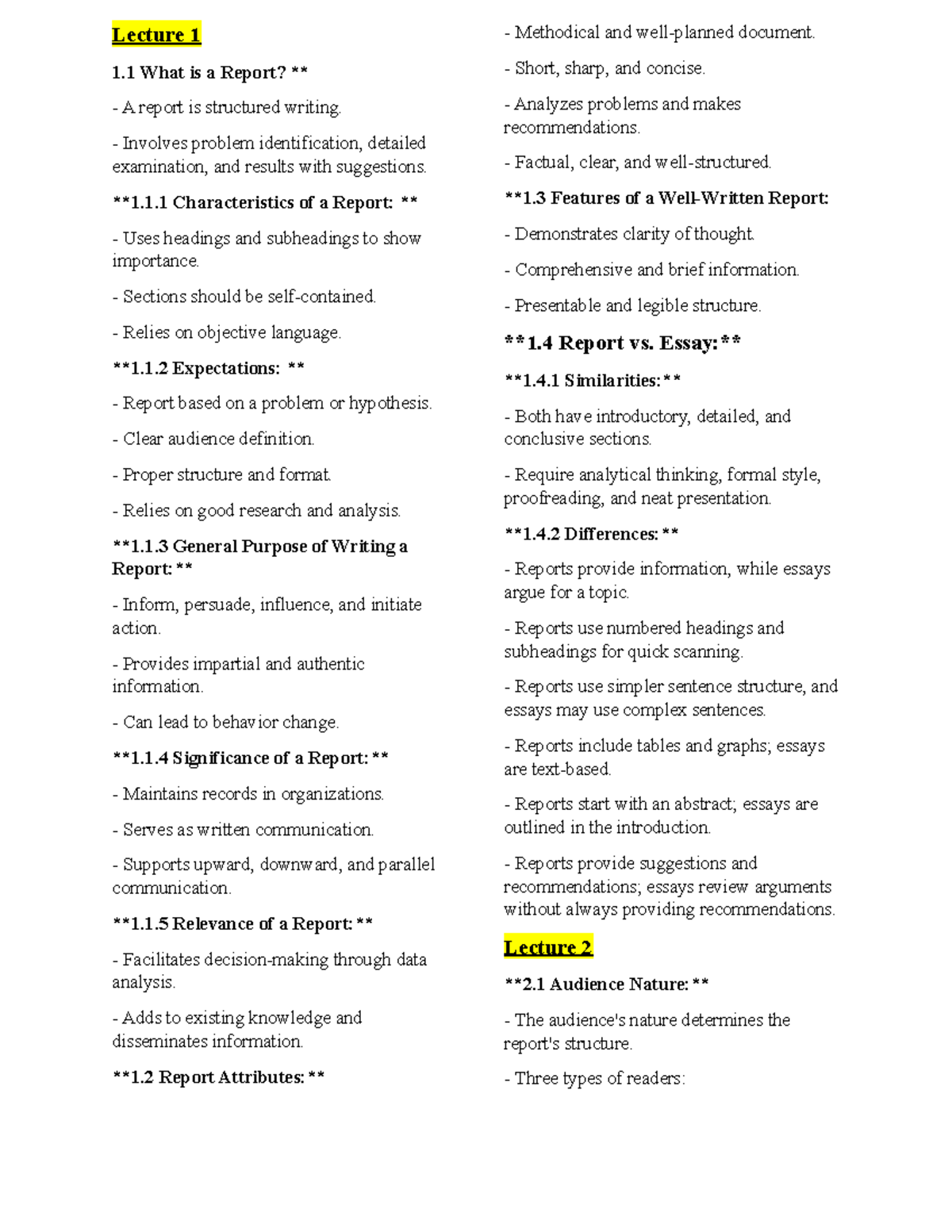 Notes - Lecture 1 1 What is a Report? ** - A report is structured ...