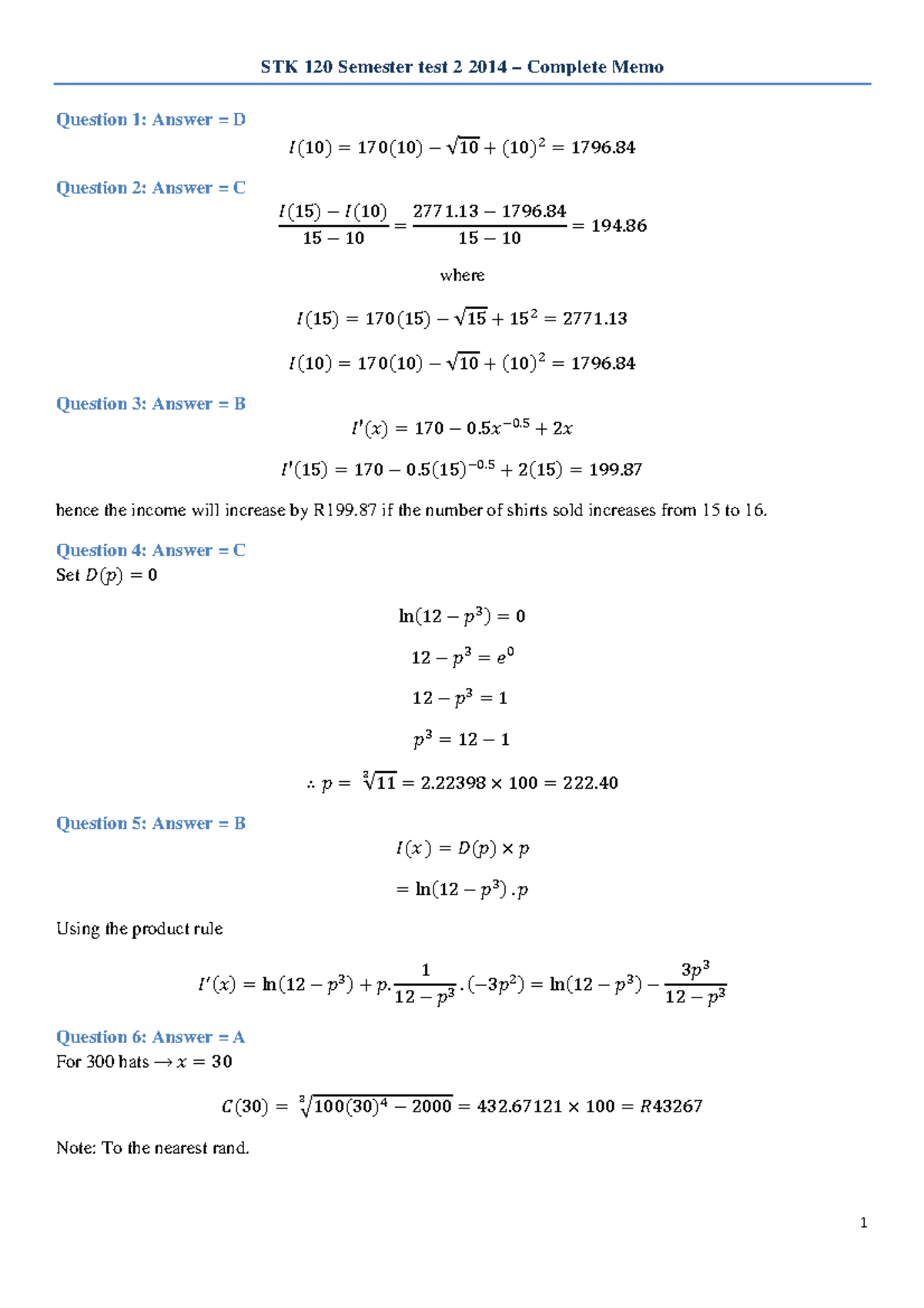 Exam 2014 - STK 120 Semester test 2 2014 – Complete Memo Question 1 ...