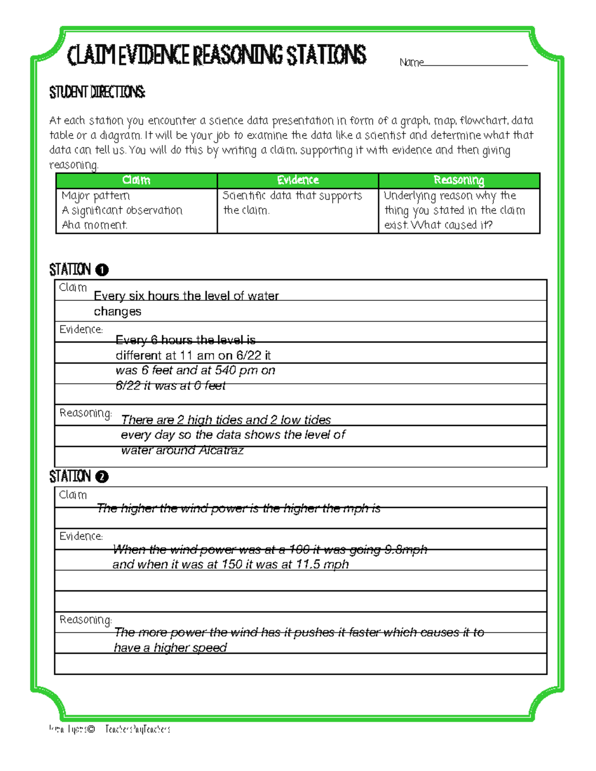CER+Practice+Problems - Claim Evidence Reasoning Stations Name ...