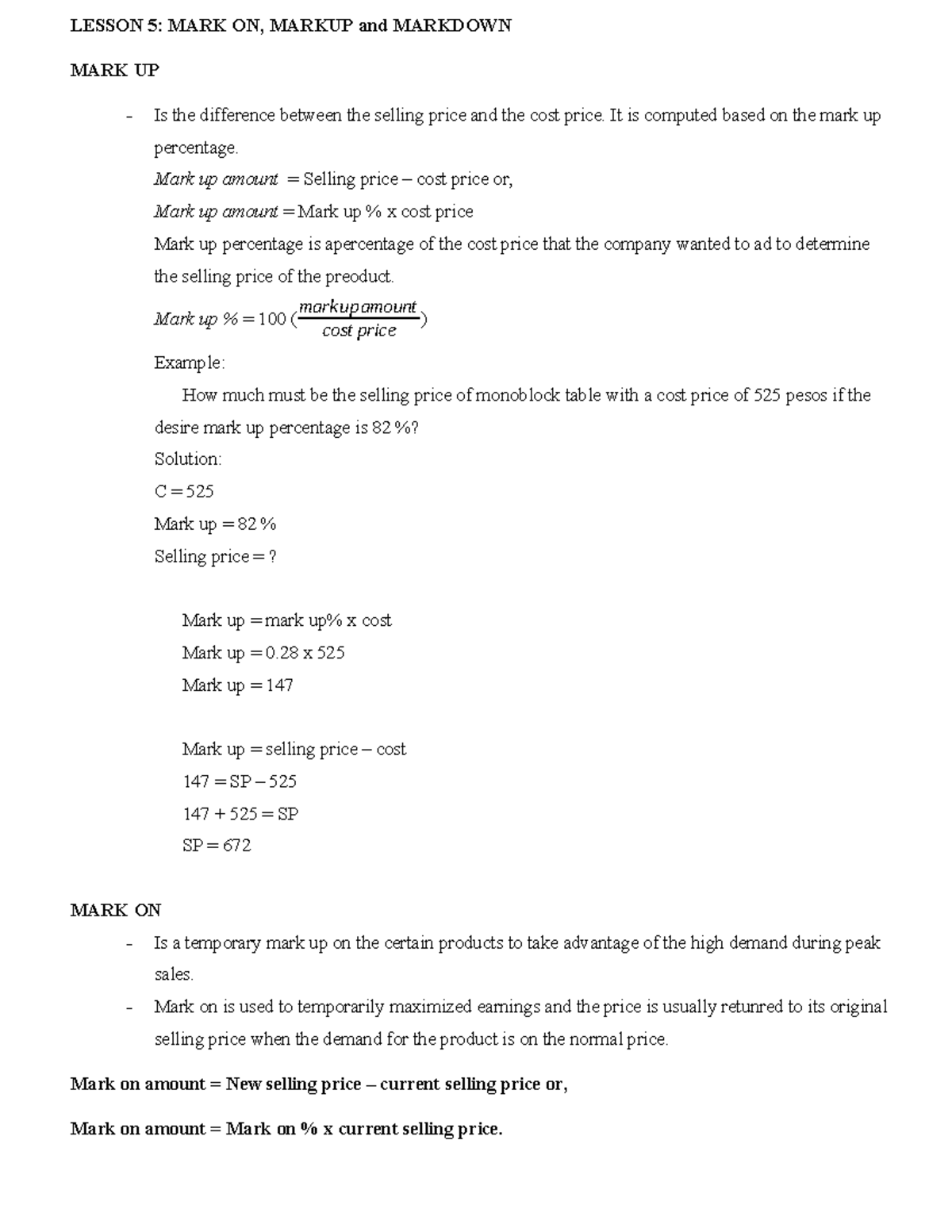 (Day 1)- Lesson 5- Markup and Markdown - LESSON 5: MARK ON, MARKUP and ...