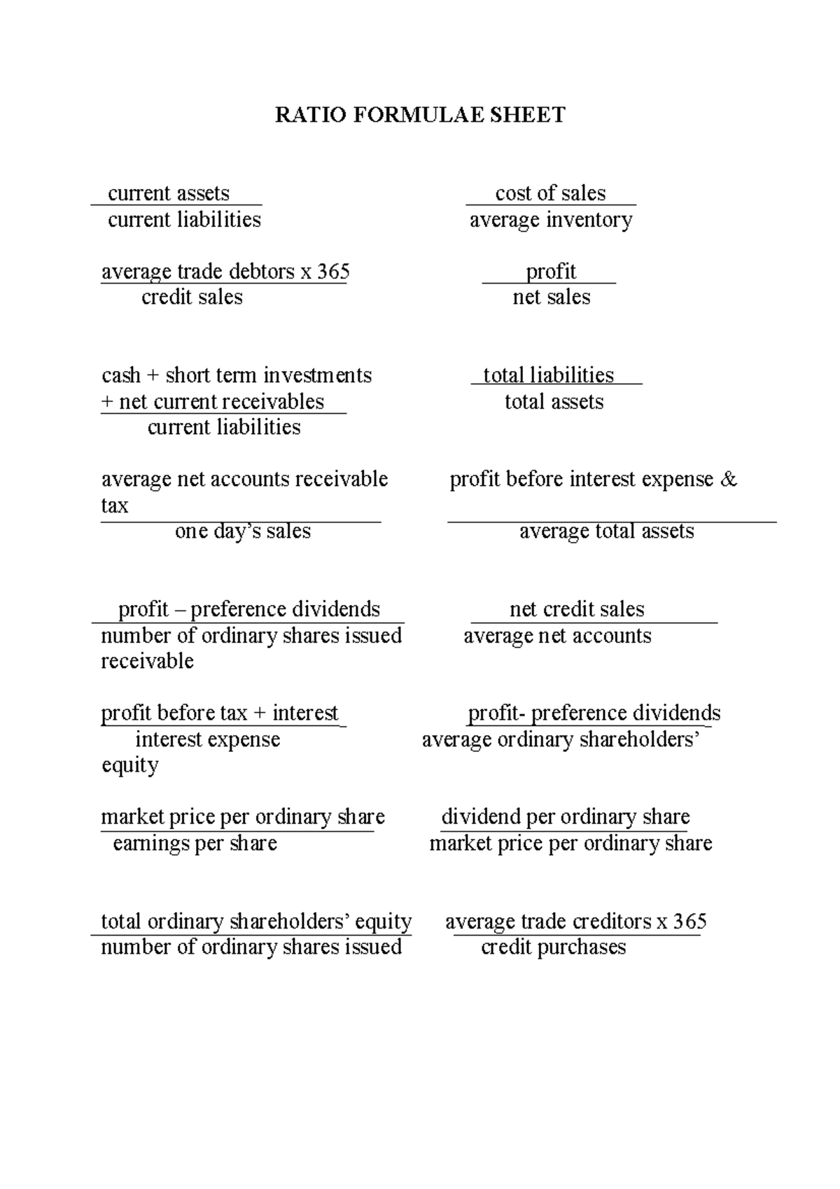 Final Exam ratios - Exam formulas for Semester 1, 2011 - RATIO FORMULAE ...