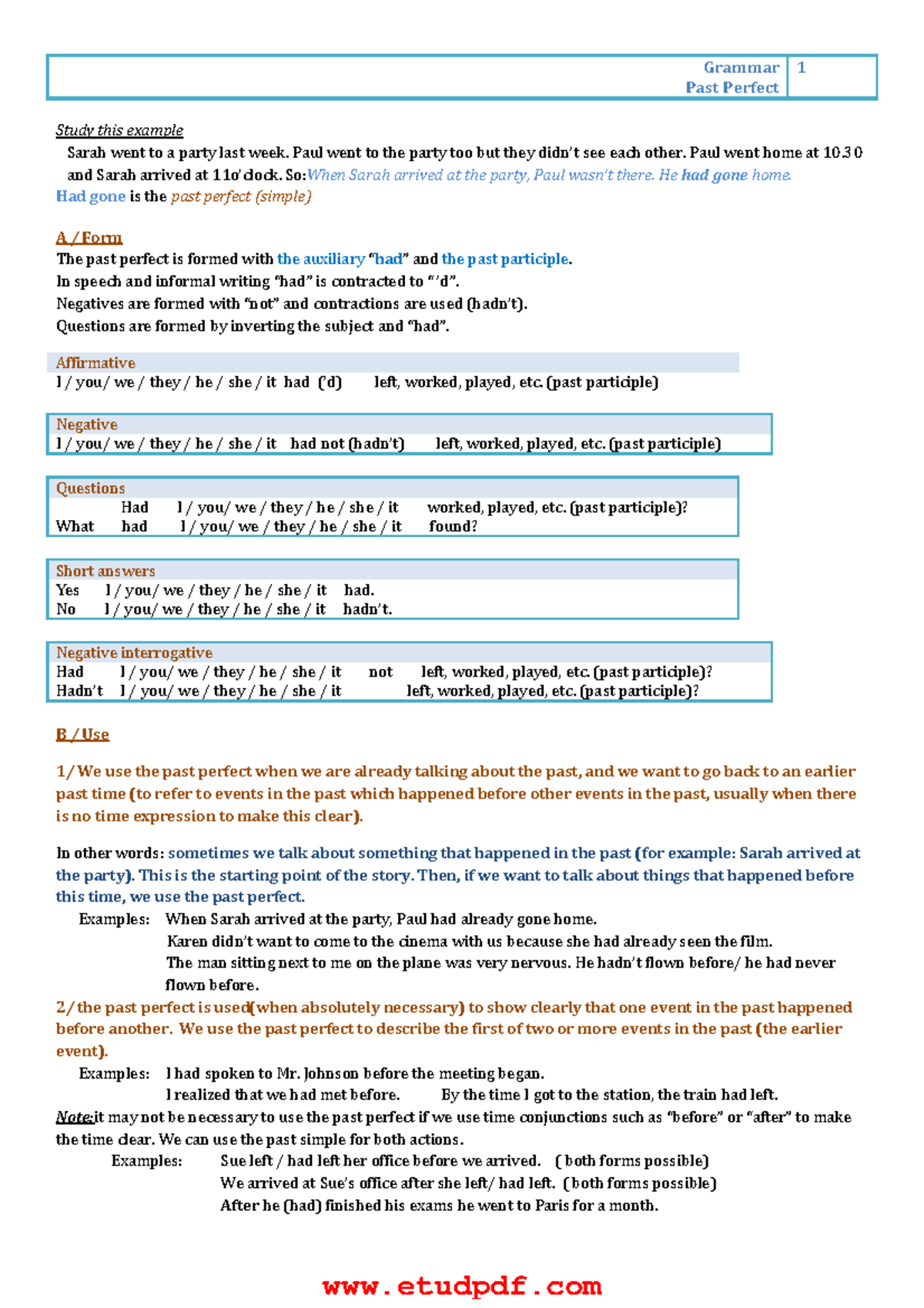 Grammaire de la Langue d’Etude - Past Perfect Study this example Sarah ...
