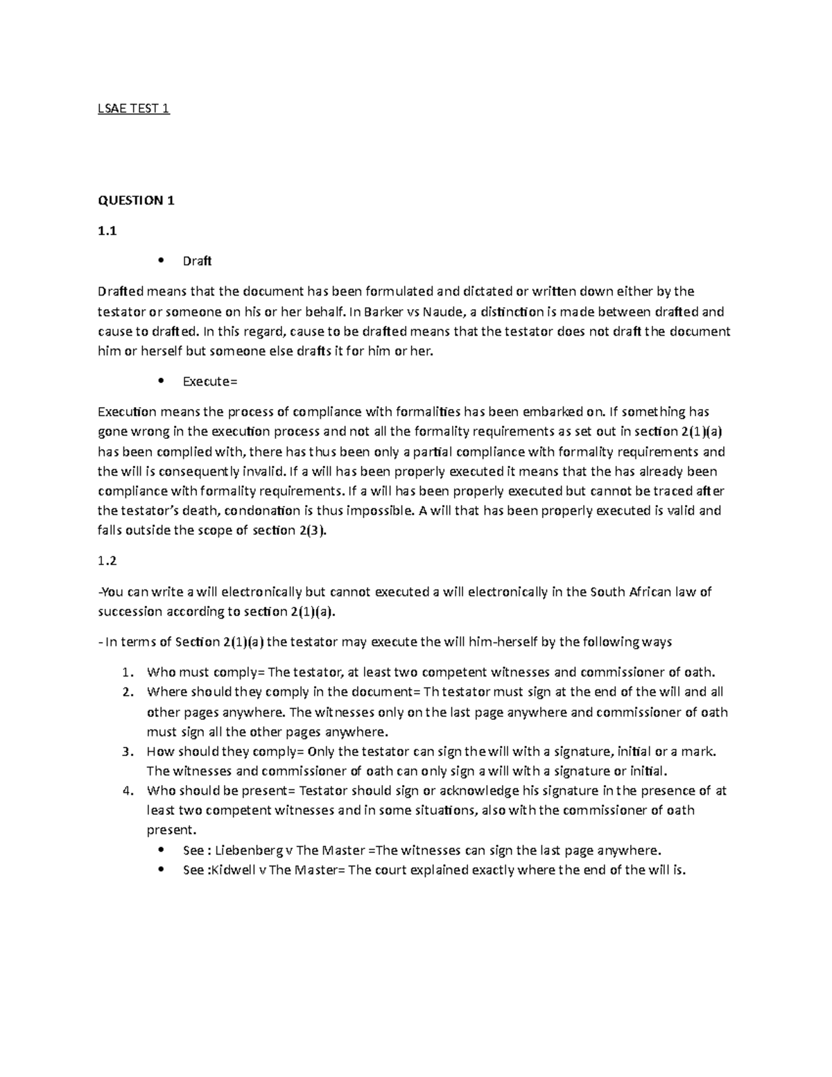 LSAE TEST 1 - LSAE TEST 1 QUESTION 1 1. Draf Drafed means that the ...