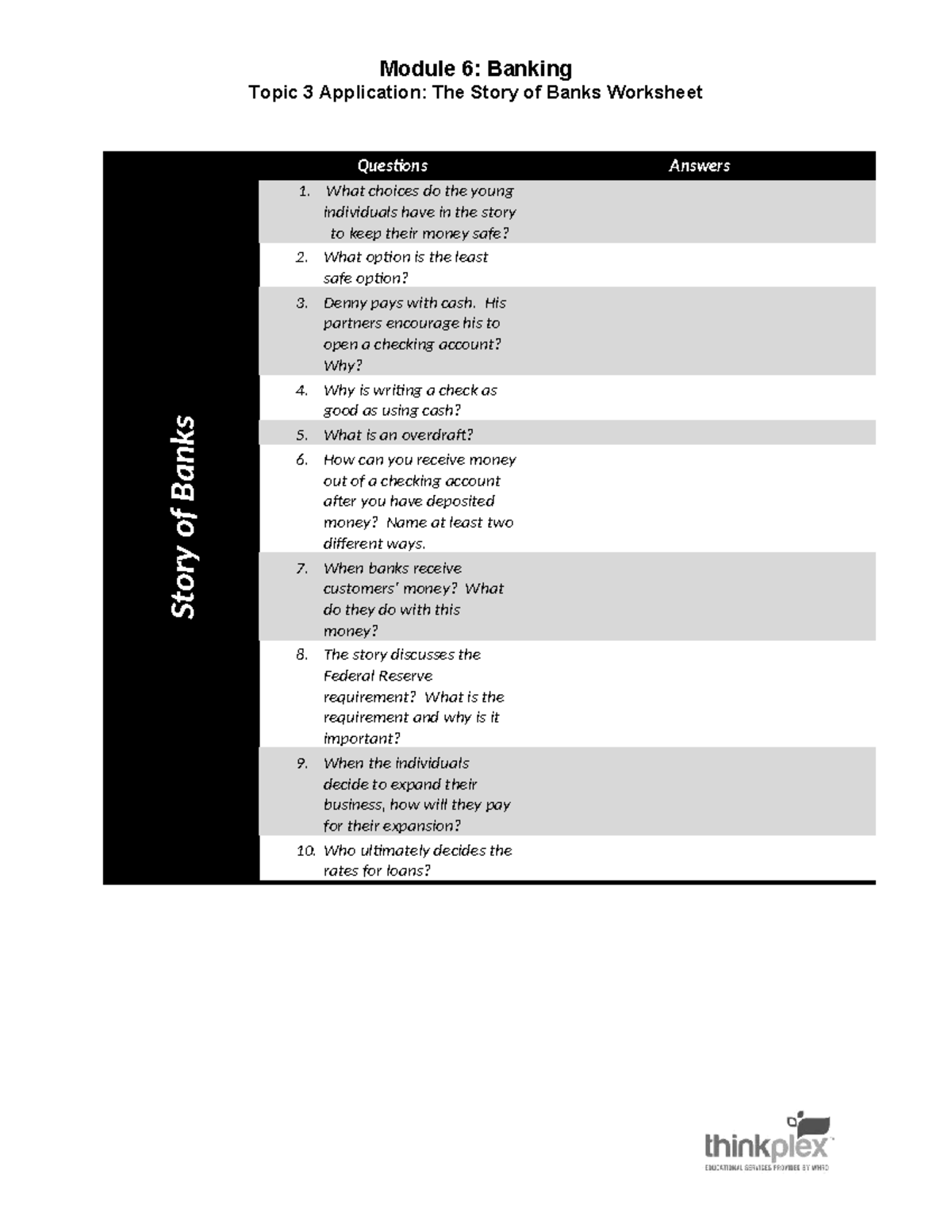 The Story of Banks-Worksheet - Module 6: Banking Topic 3 Application ...
