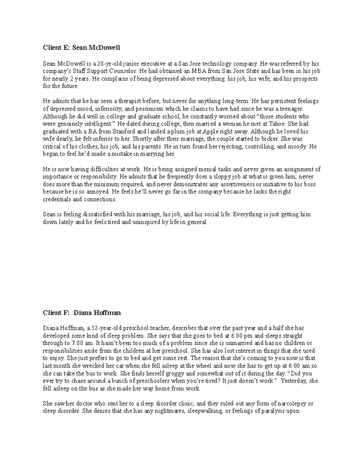 Depression ving - outline study guide - Client E: Sean McDowell Sean ...