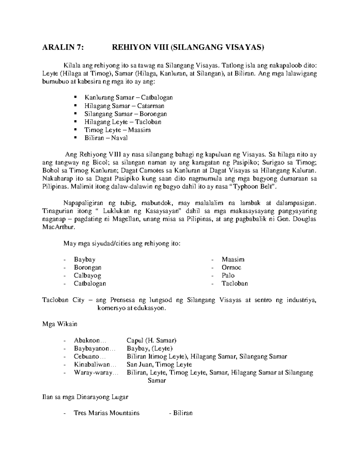 Aralin 7 - Filipino module - ARALIN 7: REHIYON VIII (SILANGANG VISAYAS ...