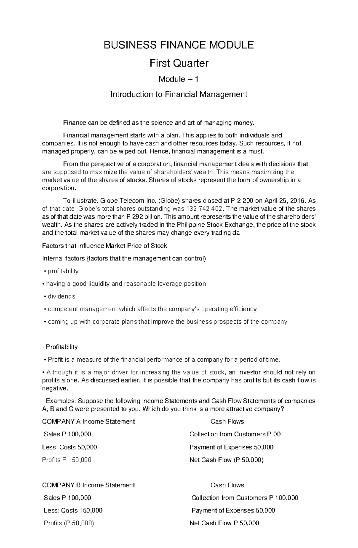 1 Business Finance Module - BUSINESS FINANCE MODULE First Quarter ...