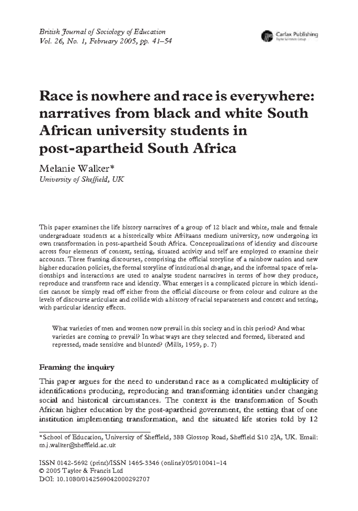 2005 , Walker, Race is nowhere and race is everywhere - British Journal ...