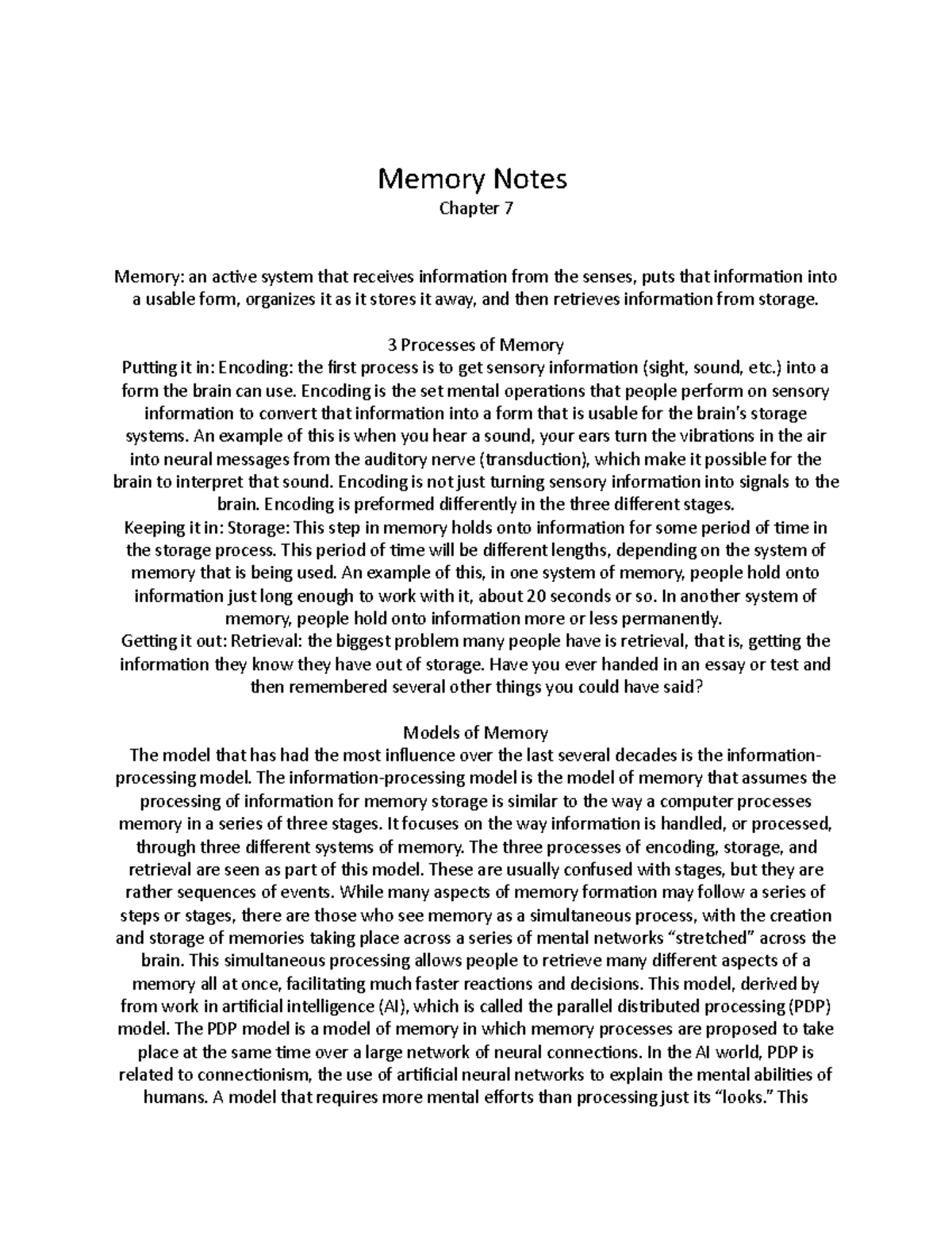 Memory Notes Prt 1 - Memory Notes Chapter 7 Memory: an active system ...