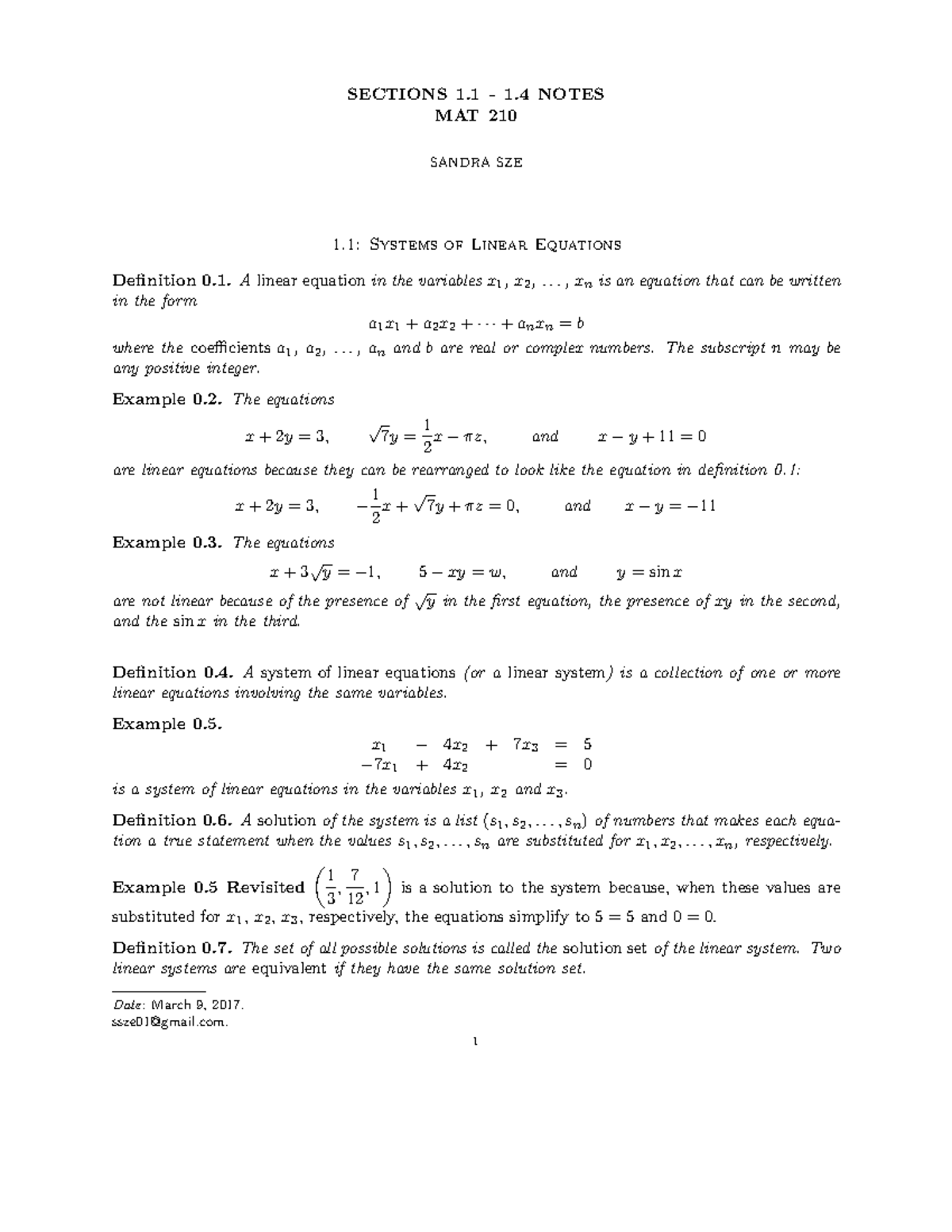 1.1 - 1.4 Notes - SECTIONS 1 - 1 NOTES MAT 210 SANDRA SZE 1: Systems of ...