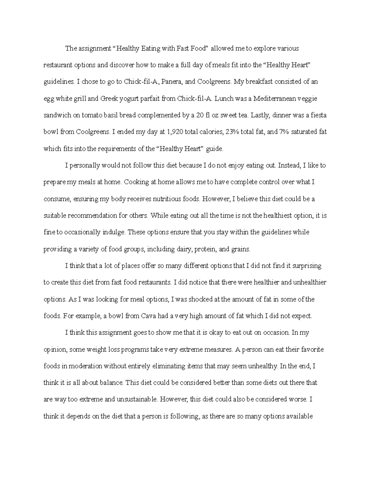 Healthy Eating With Fast Food - The assignment “Healthy Eating with ...