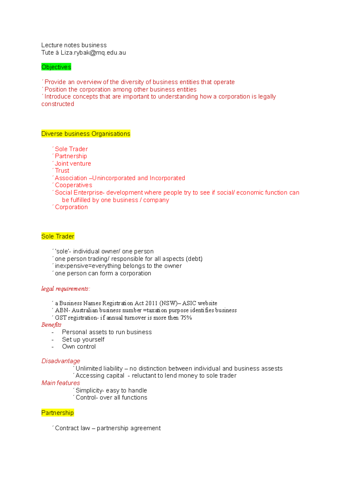 Updated Business Lecture - Lecture notes business Tute à Liza@mq.edu ...