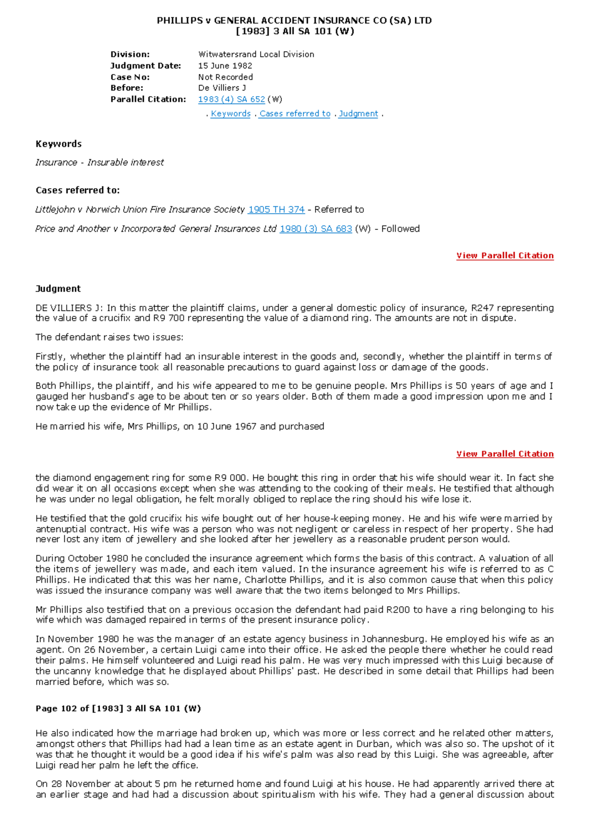 Phillips v General Accident Insurance CO (SA) LTD [1983] 3 All SA 101 ...