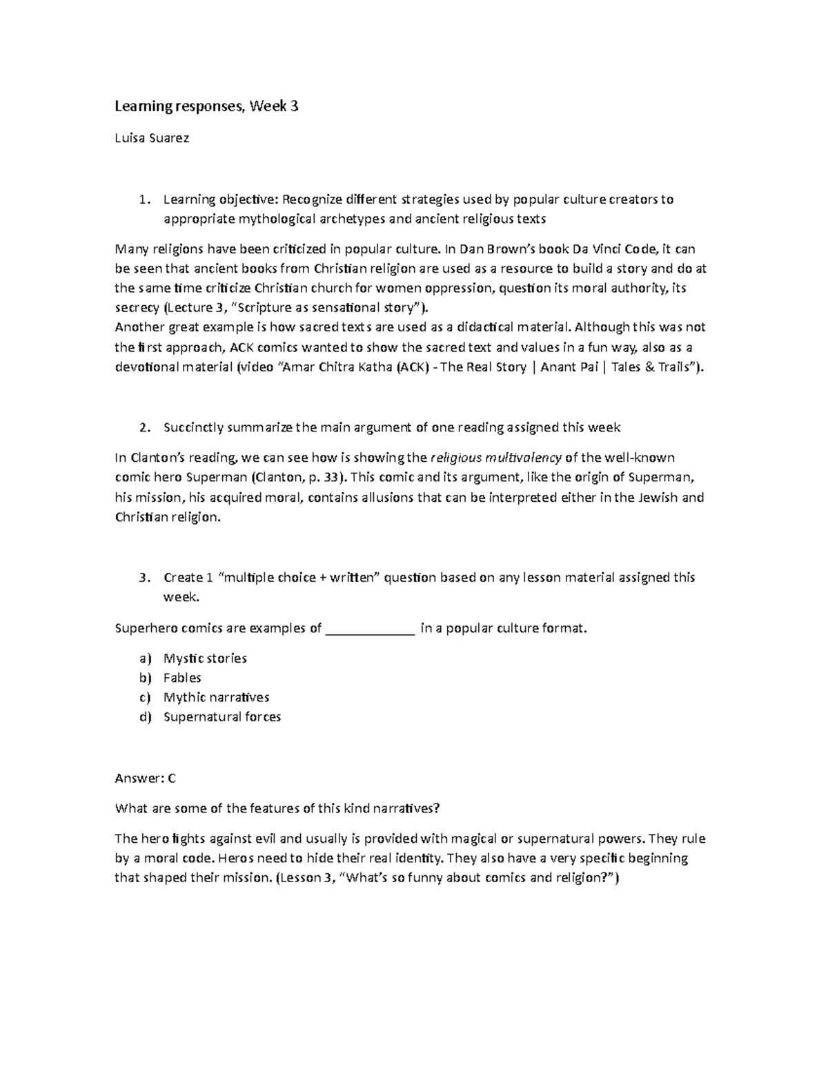 Learning responses Week 3 Luisa Suarez - Learning objective: Recognize ...