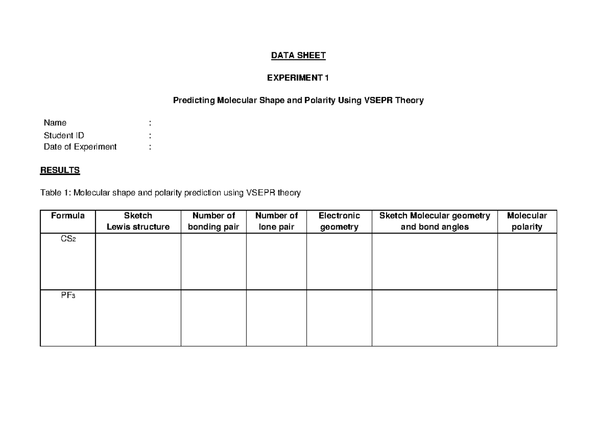 DATA Sheet Experiment 1 - DATA SHEET EXPERIMENT 1 Predicting Molecular ...