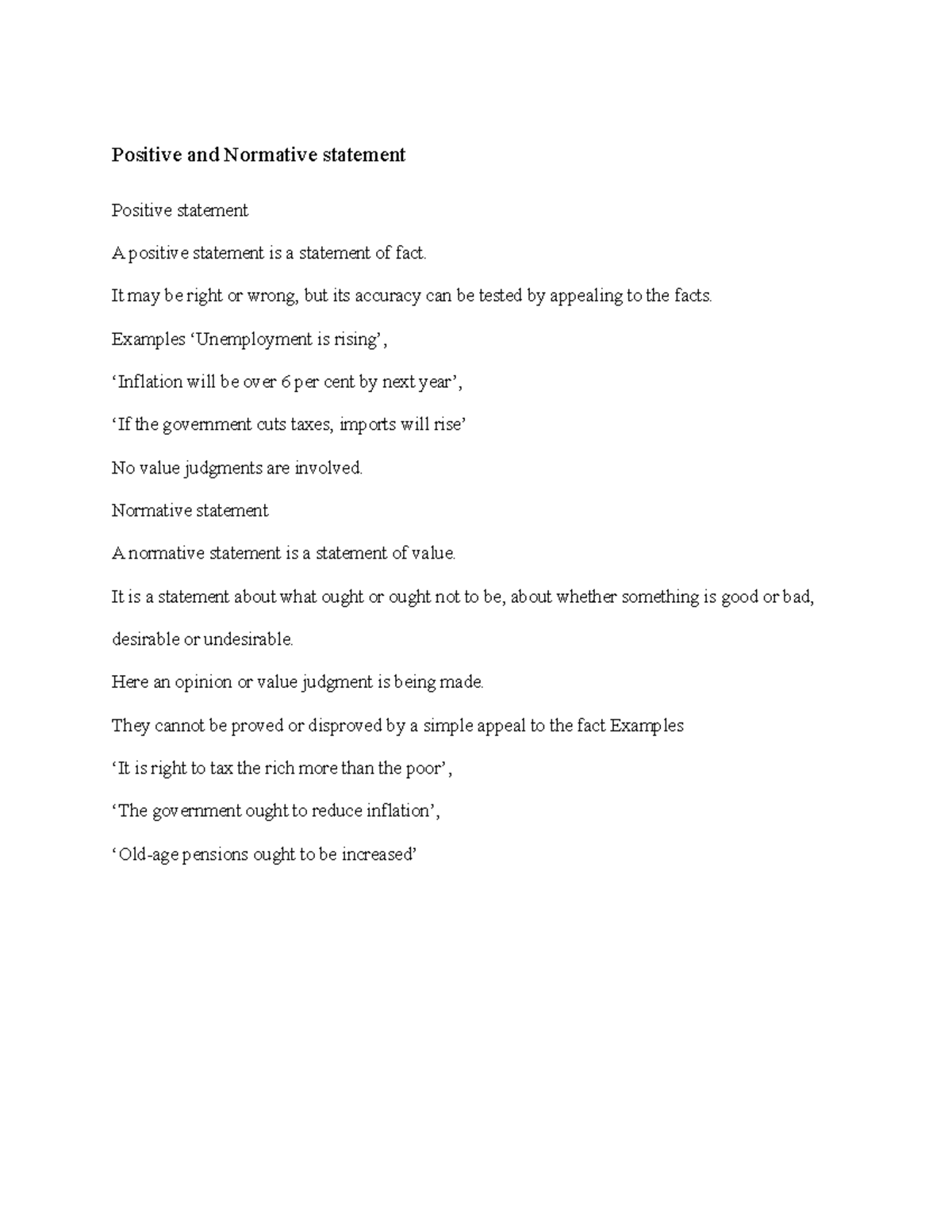 Basic economic needs notes 2 - Positive and Normative statement ...