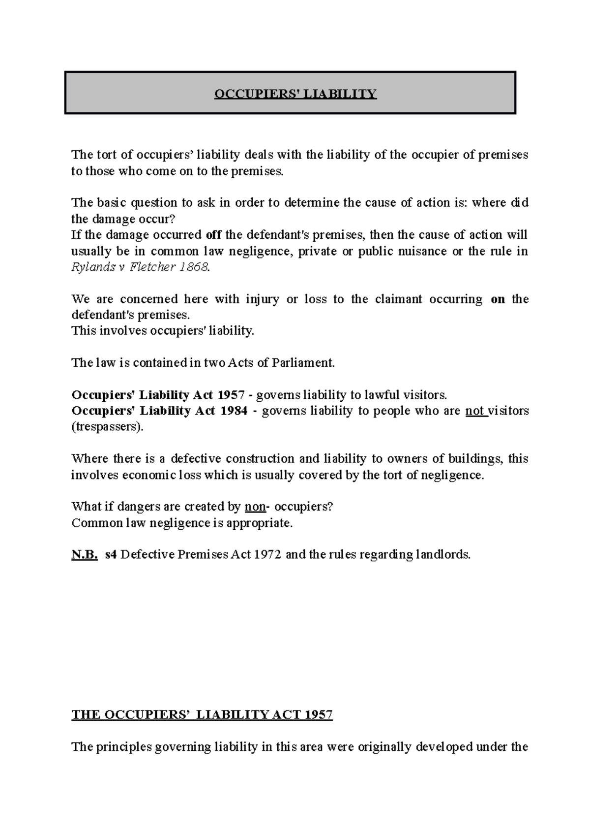 Occupiers - OCCUPIERS' LIABILITY The tort of occupiers’ liability deals ...