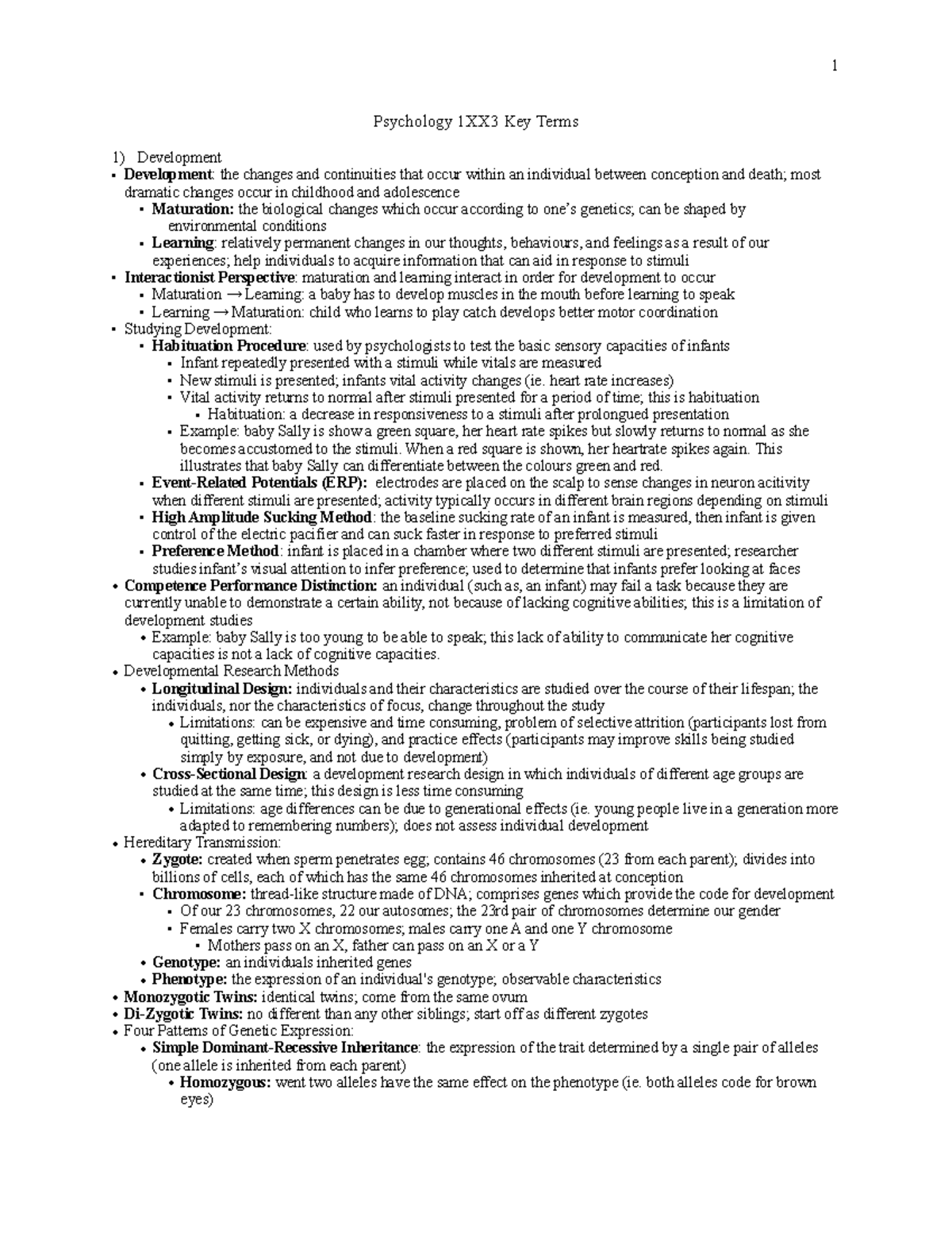 14 Psych 1XX3 Key Terms - !1 Psychology 1XX3 Key Terms 1) Development ...