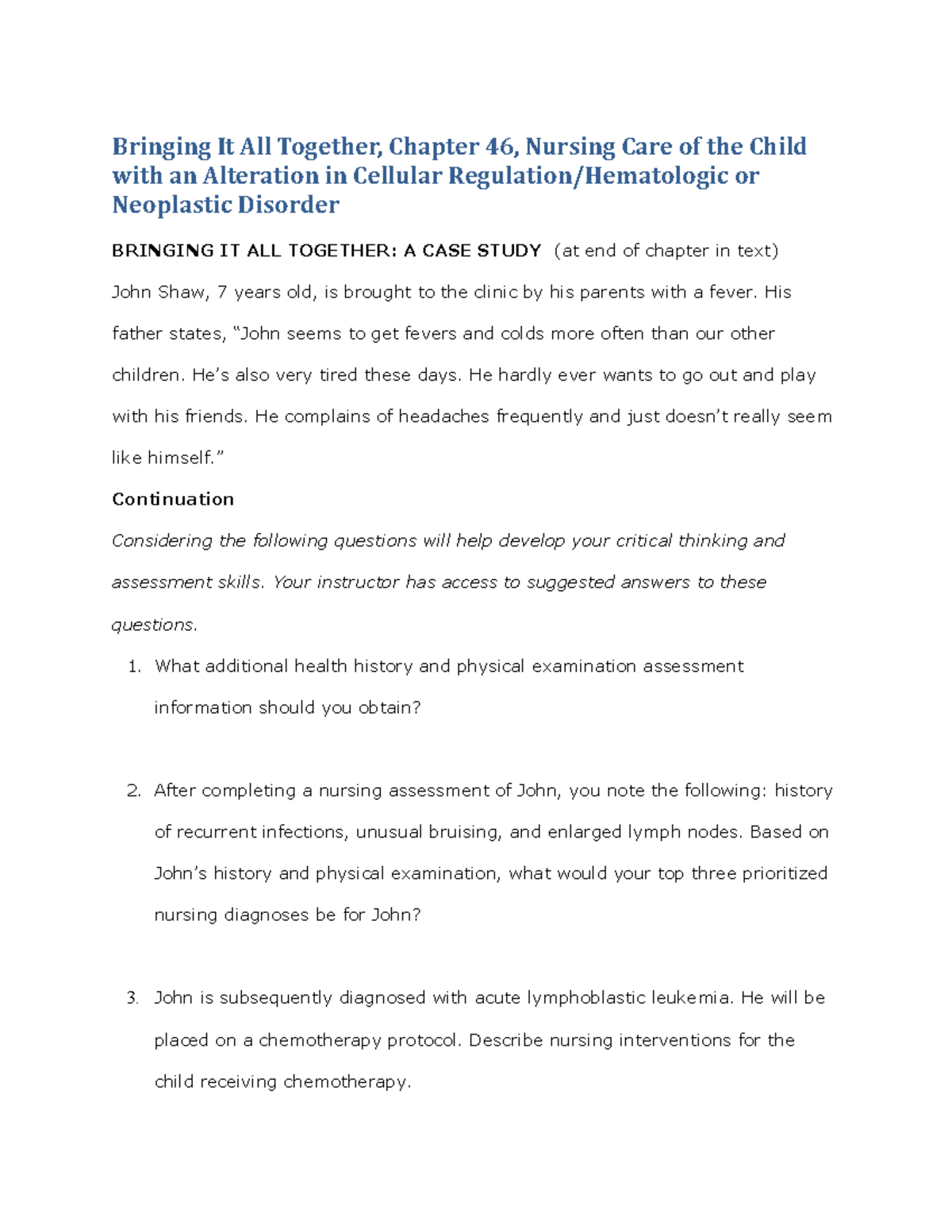 Cancer Case Study 1 - Bringing It All Together, Chapter 46, Nursing ...