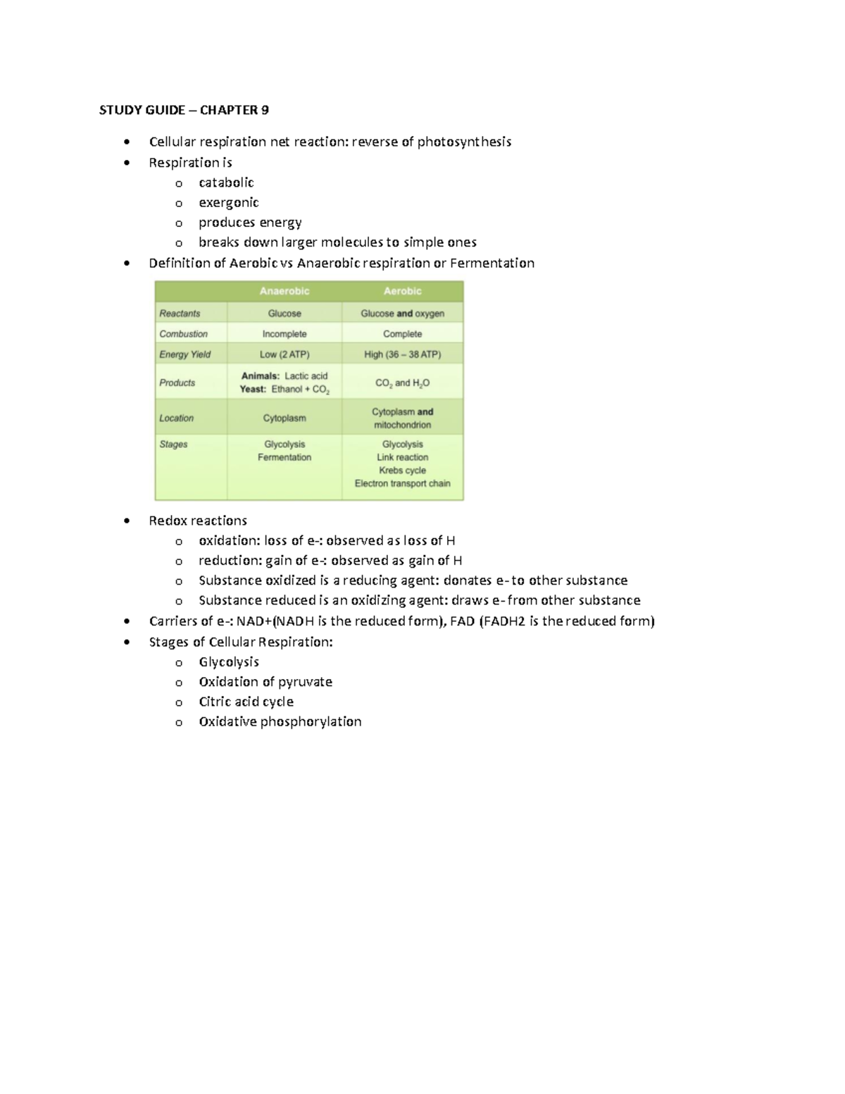 Study Guide Chapter 9 - helps with it - STUDY GUIDE – CHAPTER 9 Cellular respiration net ...
