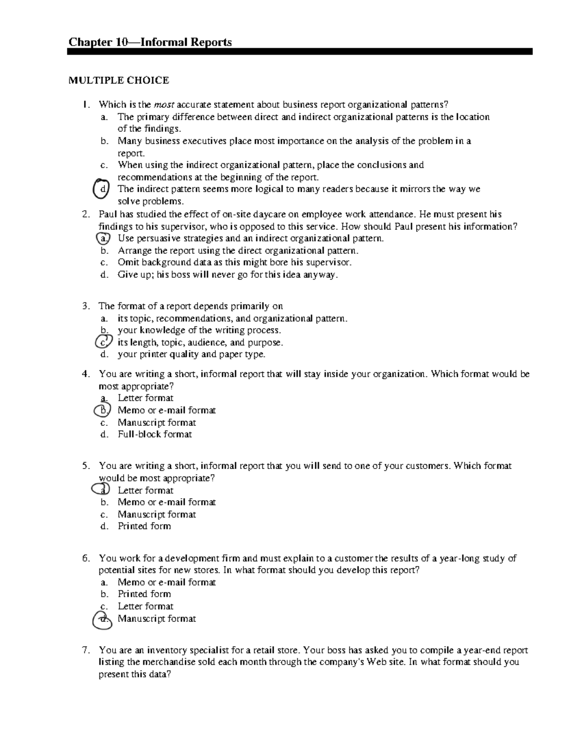 Chapter 9- practice- sts - Chapter 10 —Informal Reports MULTIPLE CHOICE ...