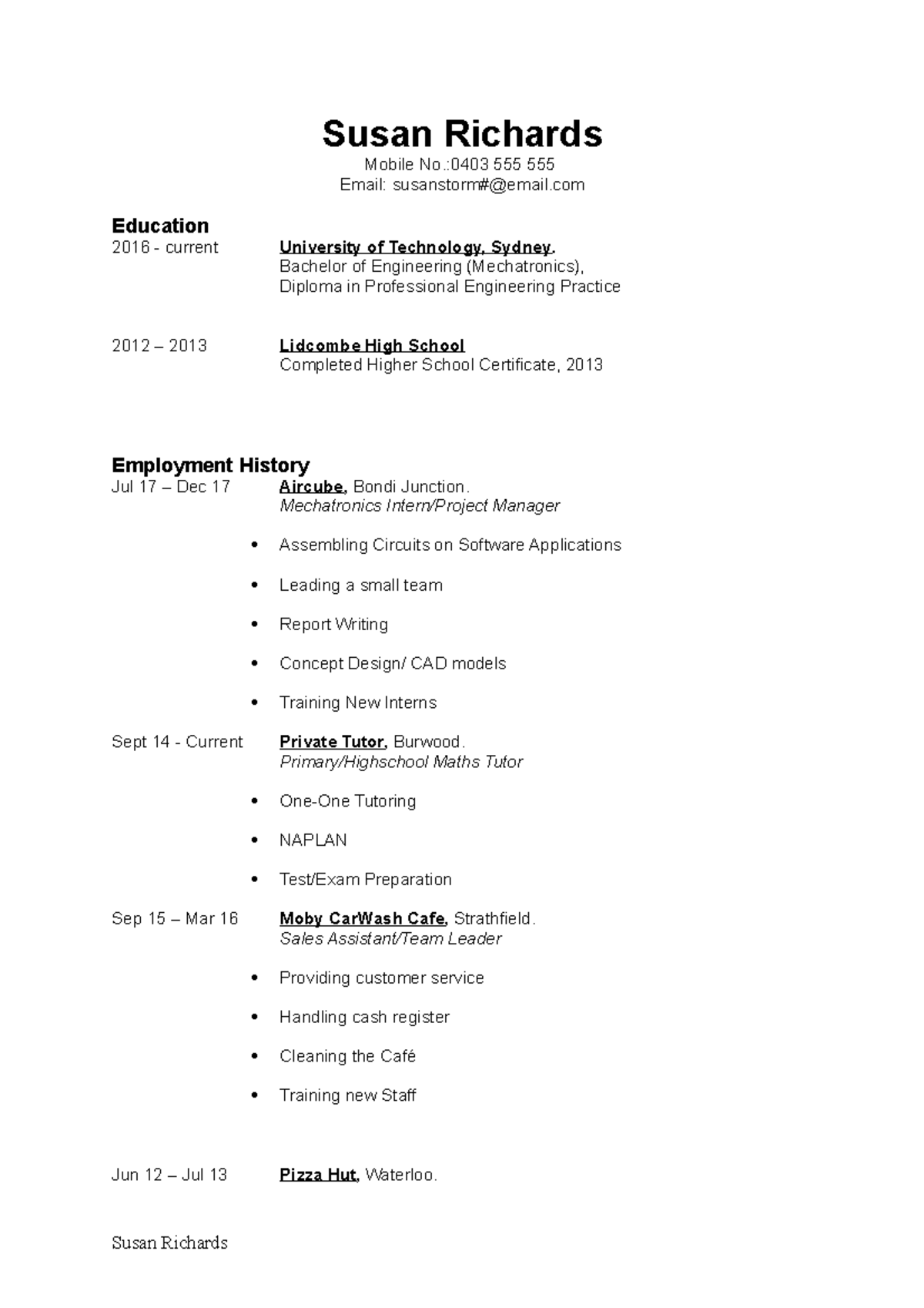 Resume 012 Susan Richards - Susan Richards Mobile No.:0403 555 555 ...