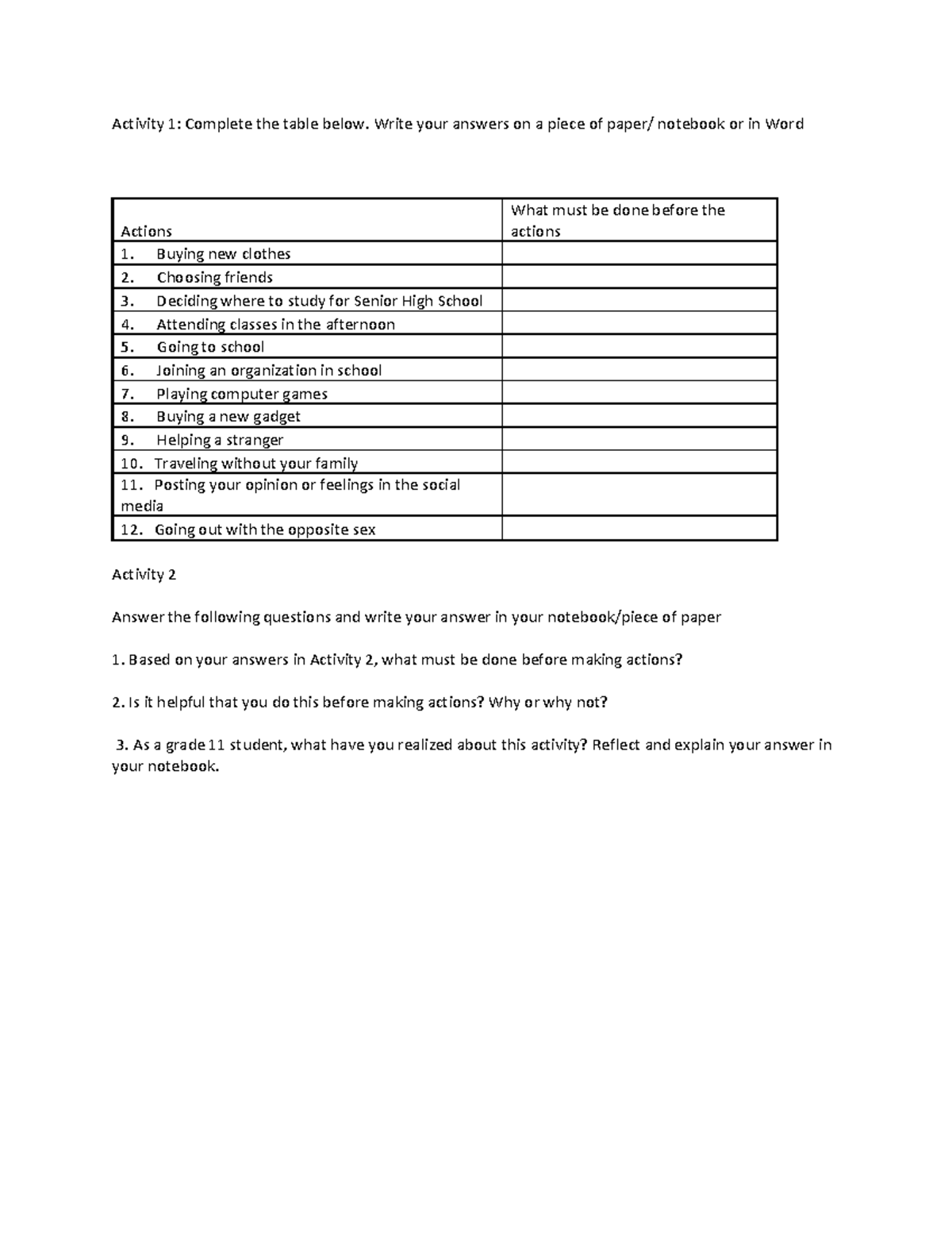 Doing Philo Activity - Activity 1: Complete the table below. Write your ...