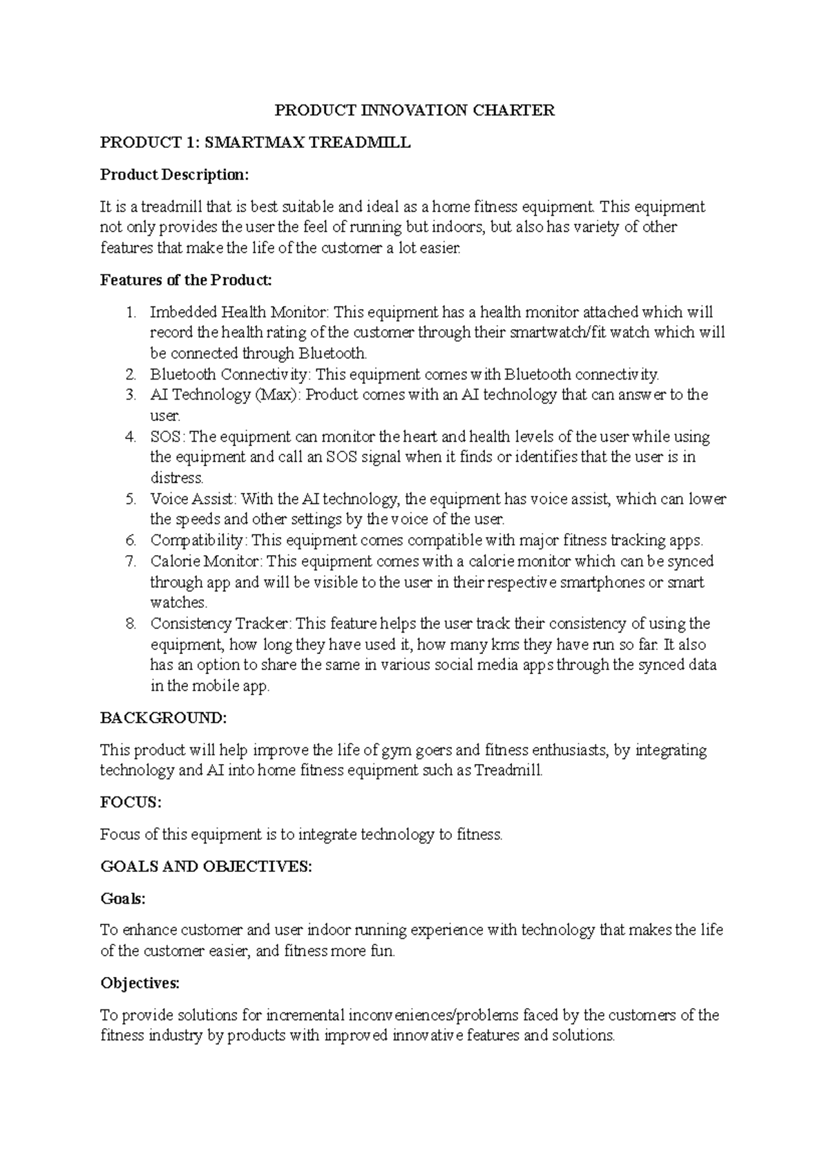 PIC Treadmill and Kettlebell - PRODUCT INNOVATION CHARTER PRODUCT 1 ...