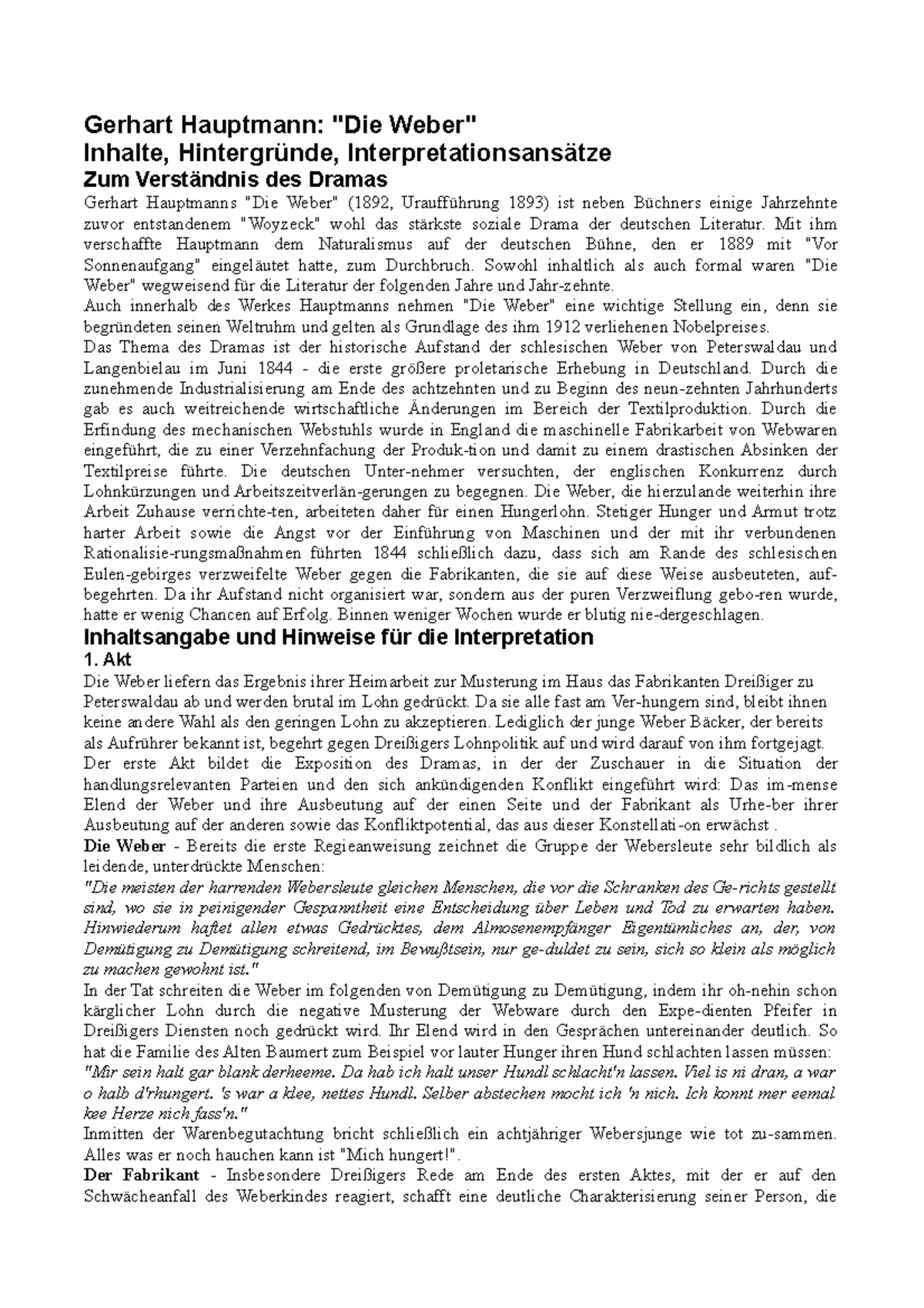 Gerhart Hauptmann Die Weber - Gerhart Hauptmann: "Die Weber" Inhalte ...