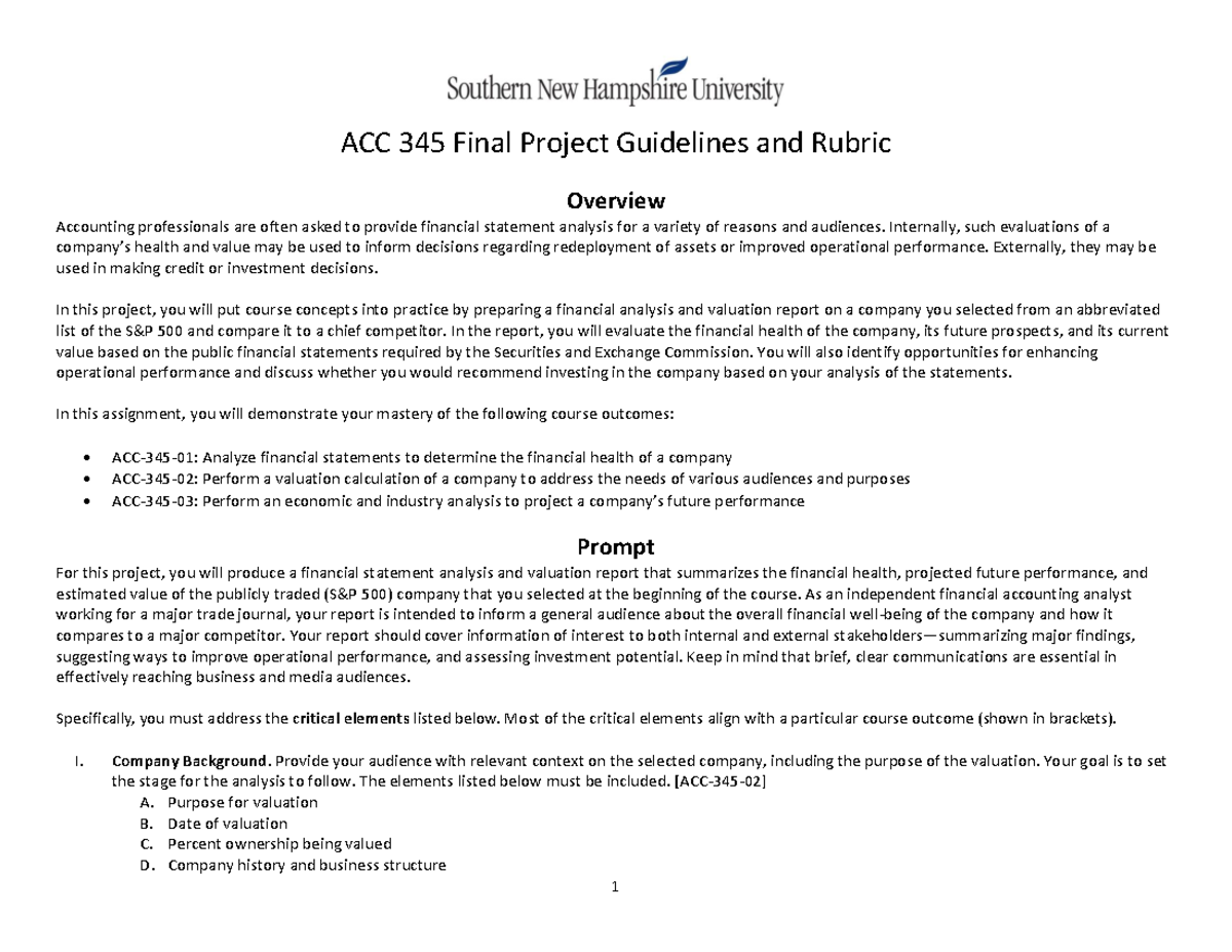 ACC 345 Final Project Guidelines and Rubric - Internally, such ...