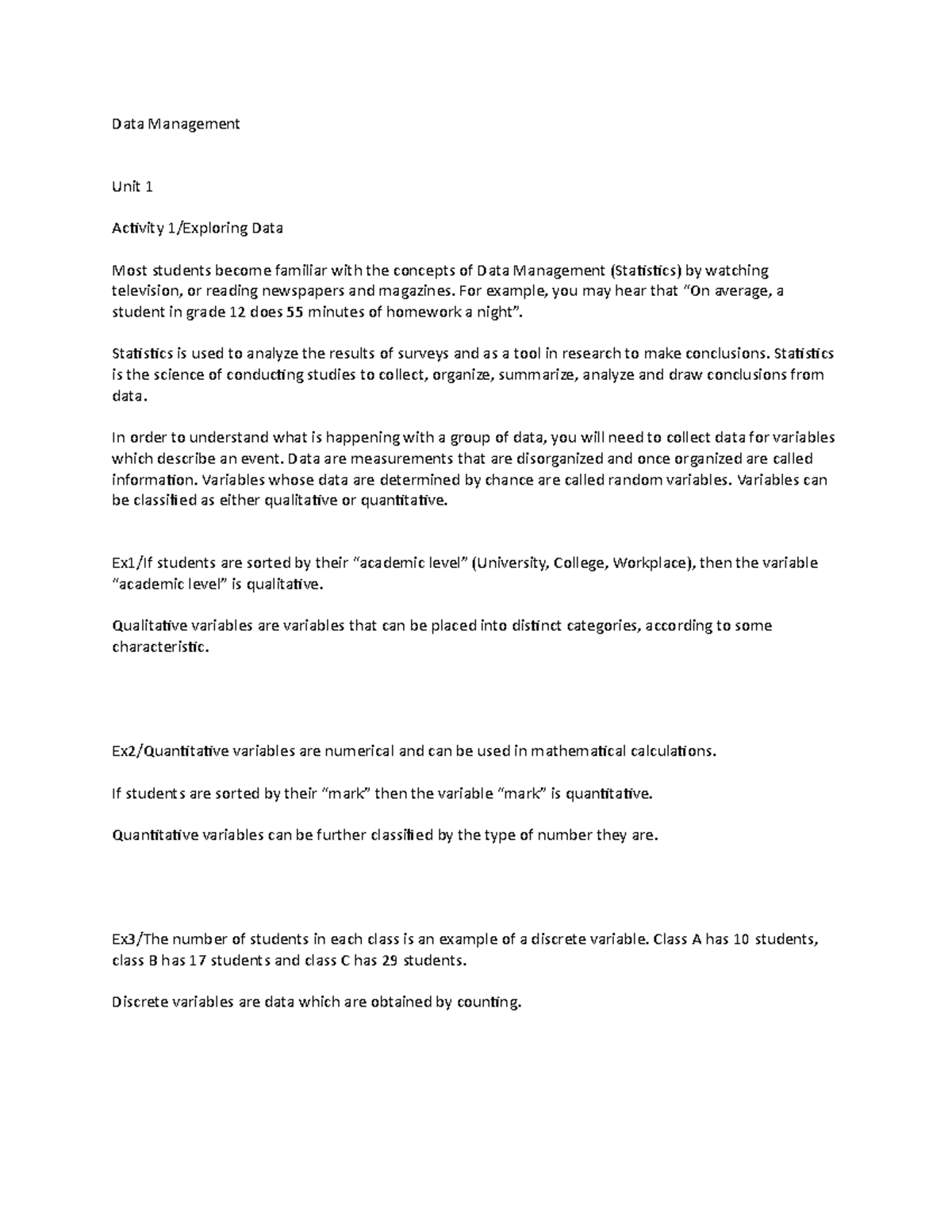 Data Management Unit 1 copy copy copy - Data Management Unit 1 Activity ...