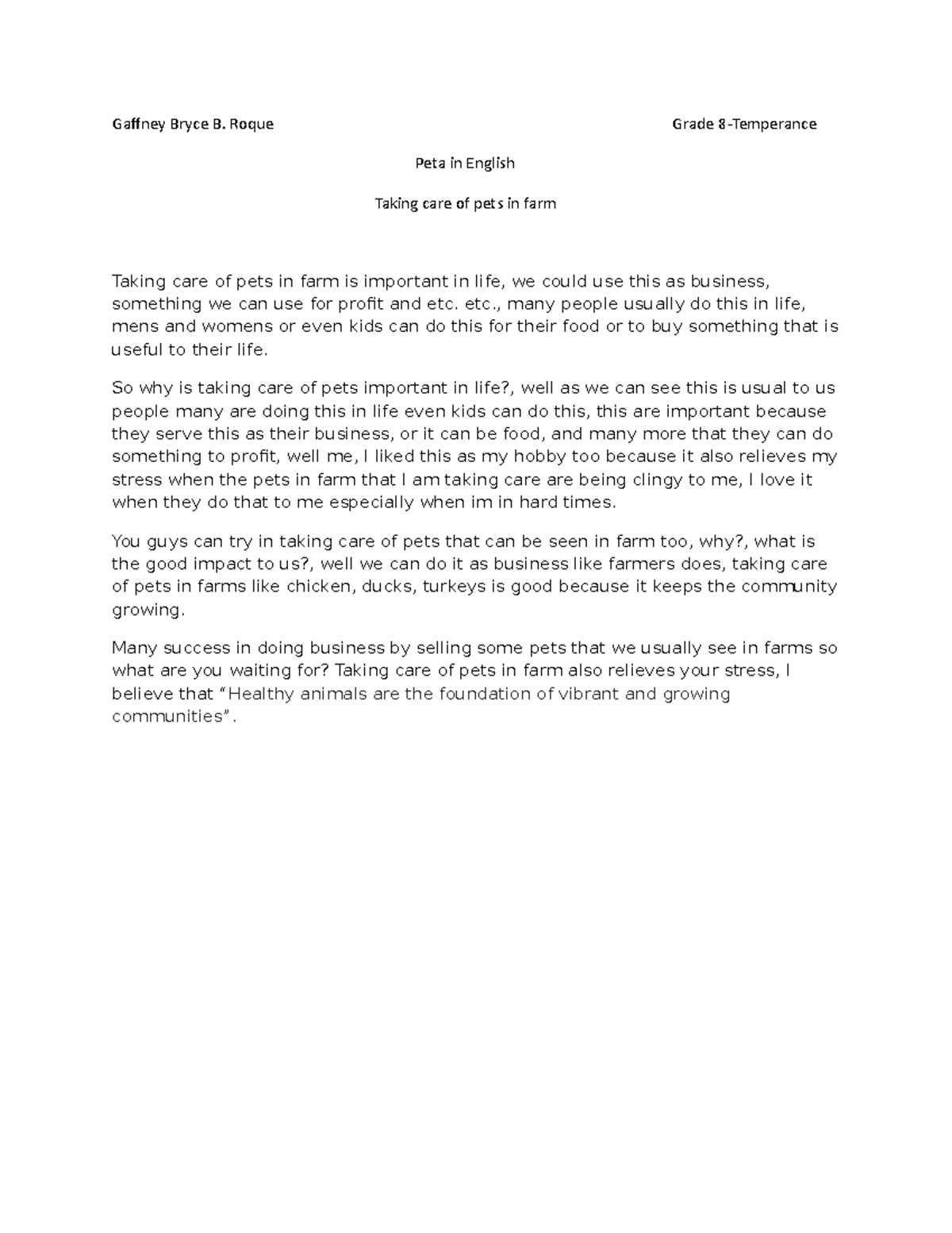 1ST-PETA-IN- English - peta - Gaffney Bryce B. Roque Grade 8-Temperance ...