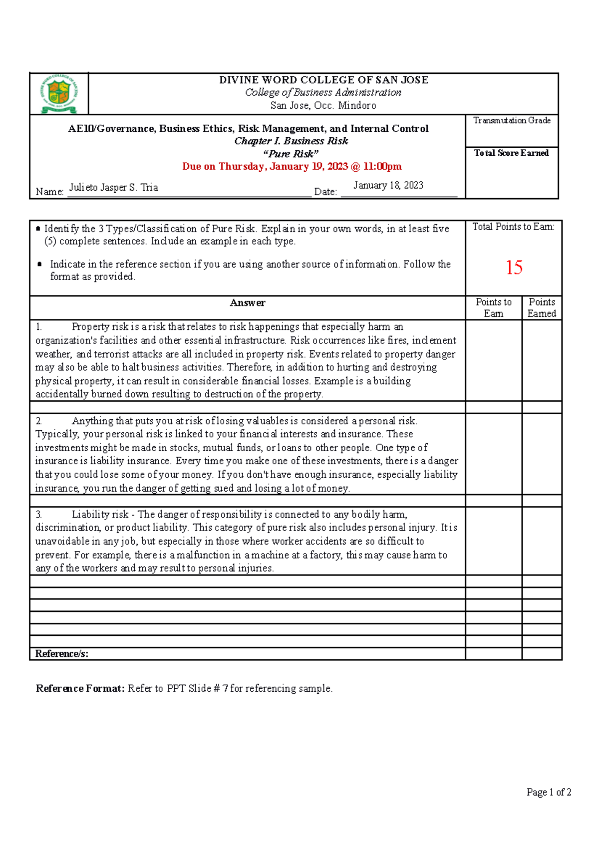 Tria-Risk Management - Page 1 of 2 DIVINE WORD COLLEGE OF SAN JOSE ...