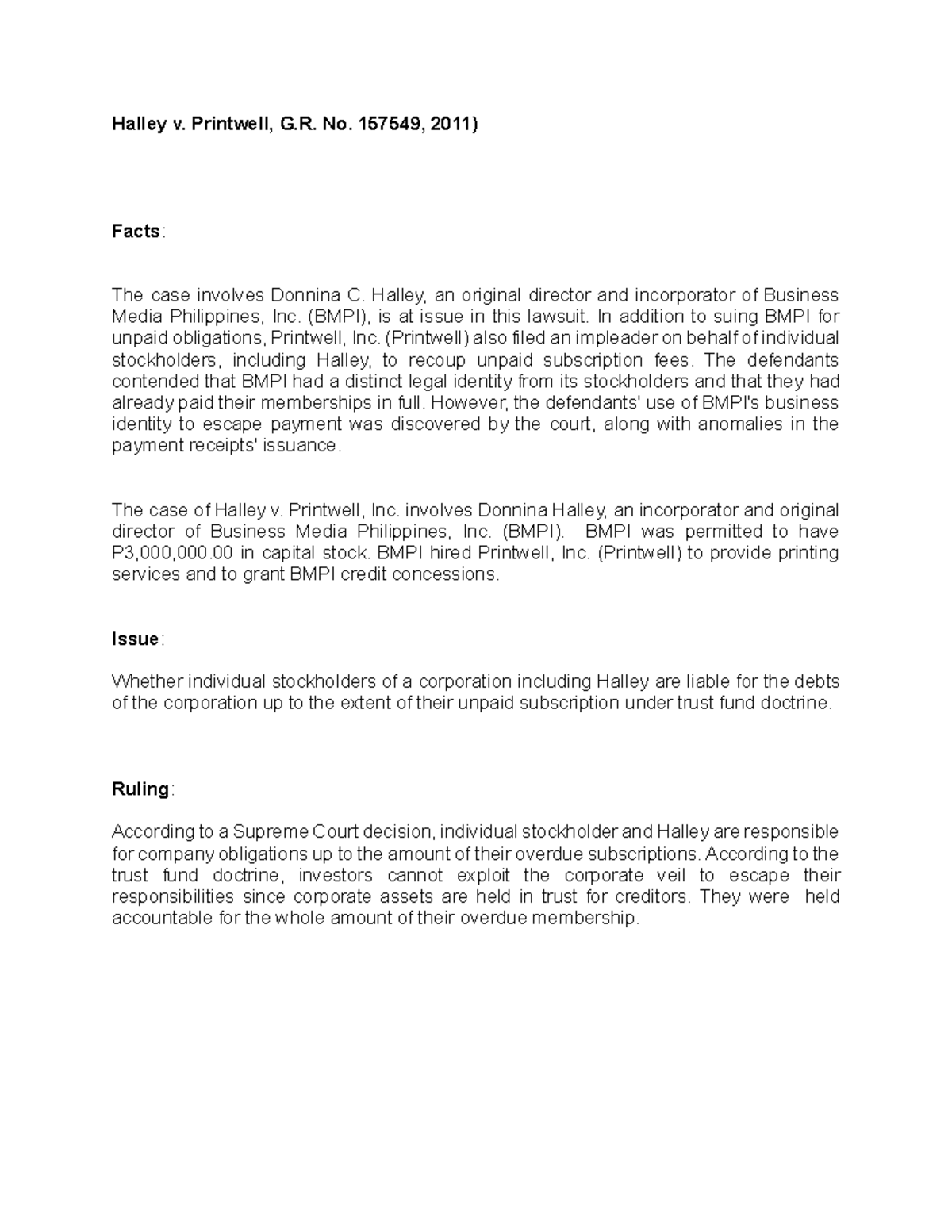 Case Digest - notes - Halley v. Printwell, G. No. 157549, 2011) Facts ...