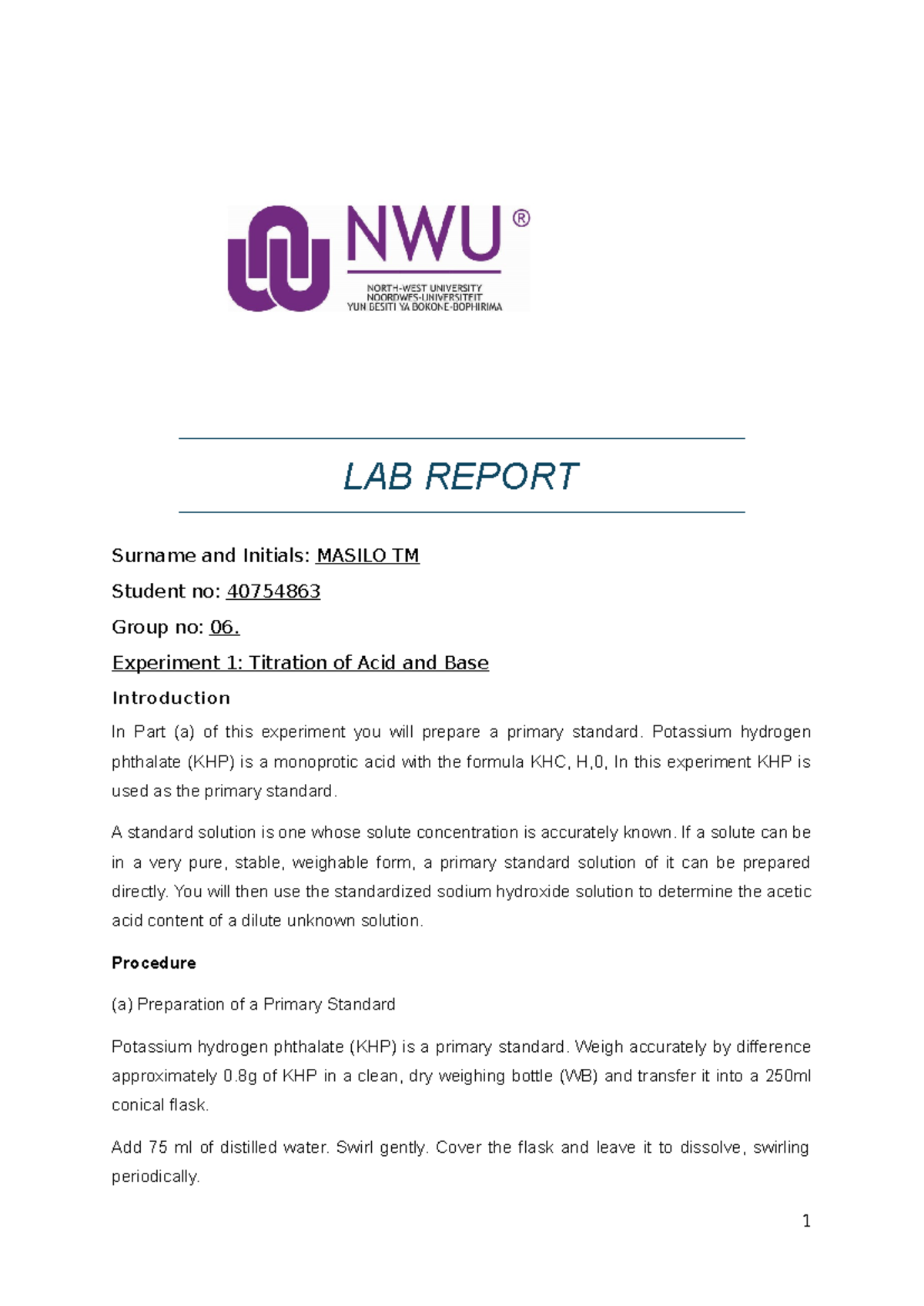Lab report fayemi - LAB REPORT Surname and Initials: MASILO TM Student ...