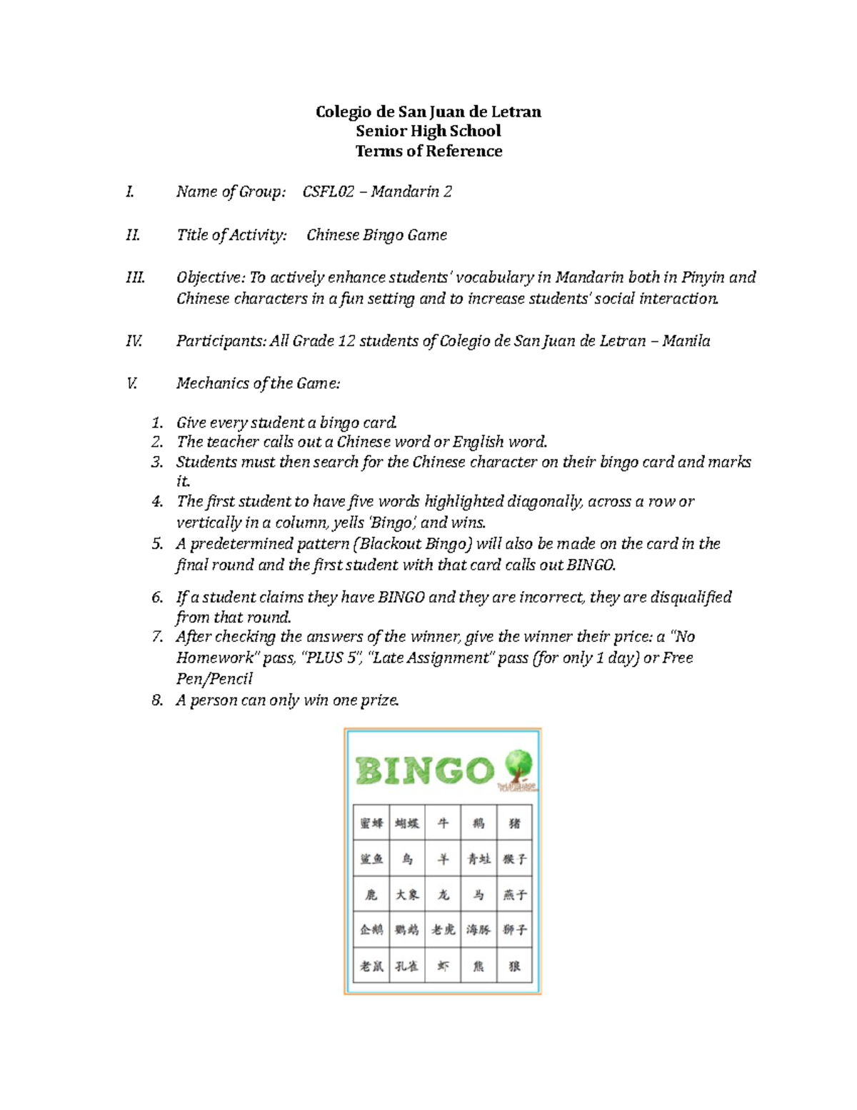 Chinese Bingo Game for reference - Demonstration Lesson Plan - Studocu
