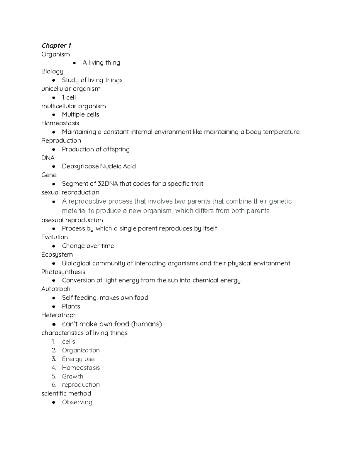 Bio midterm study guide - Chapter 1 Organism A living thing Biology ...